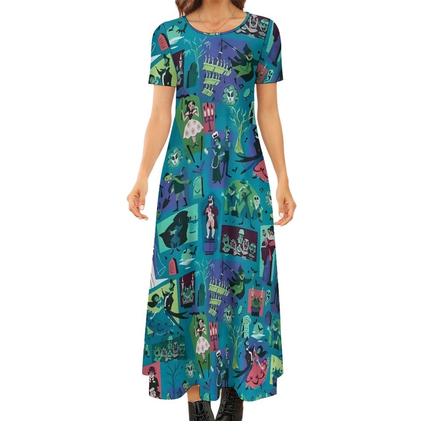 2024 Haunted Mansion Dress Halloween Print Elegant Maxi Dress Short ...