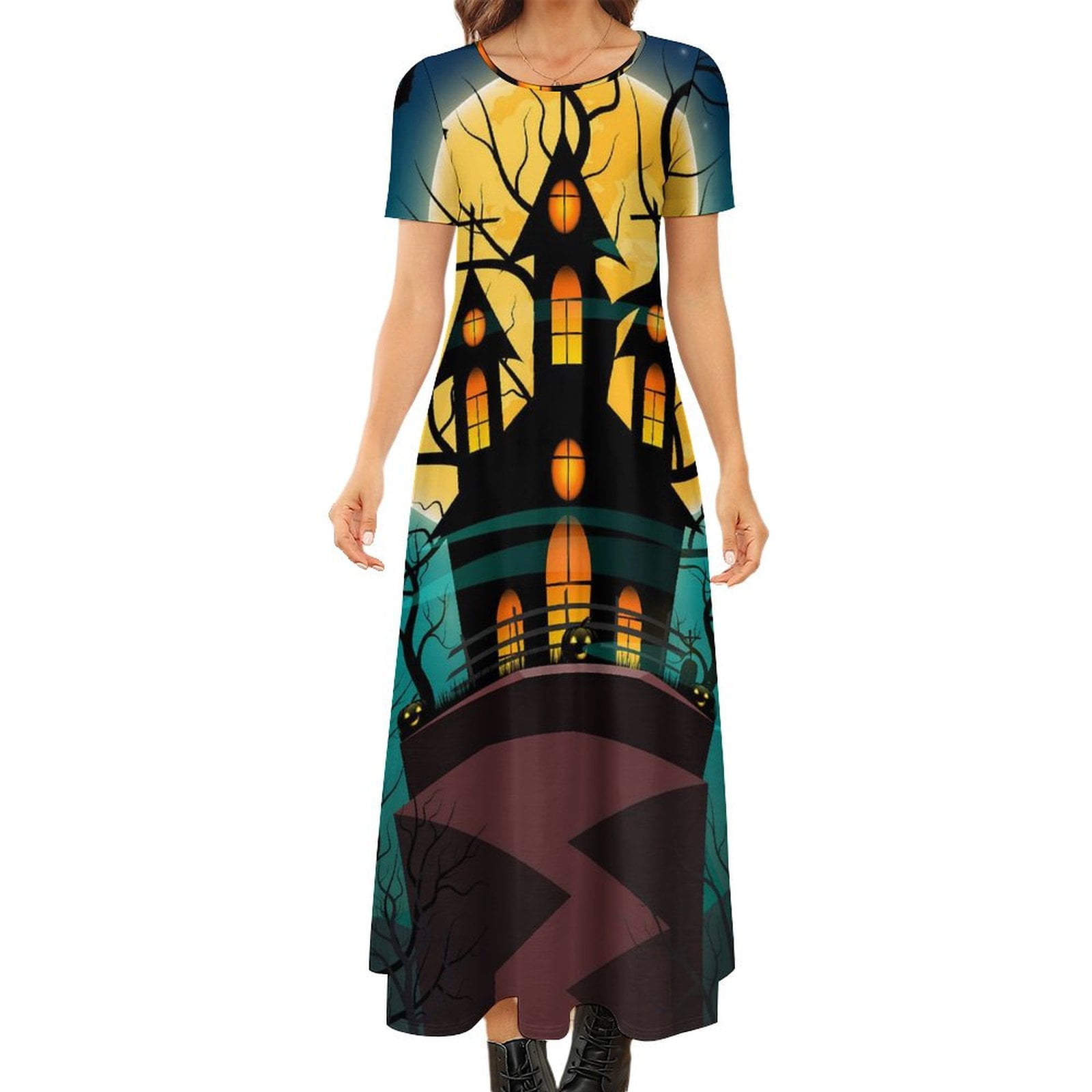 2024 Haunted Mansion Dress Halloween Print Elegant Maxi Dress Short ...
