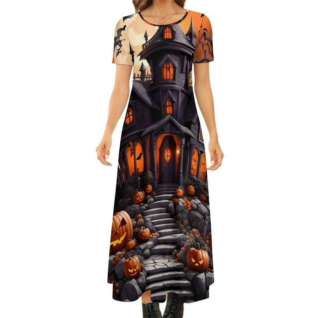 2024 Haunted Mansion Dress Halloween Print Elegant Maxi Dress Short ...