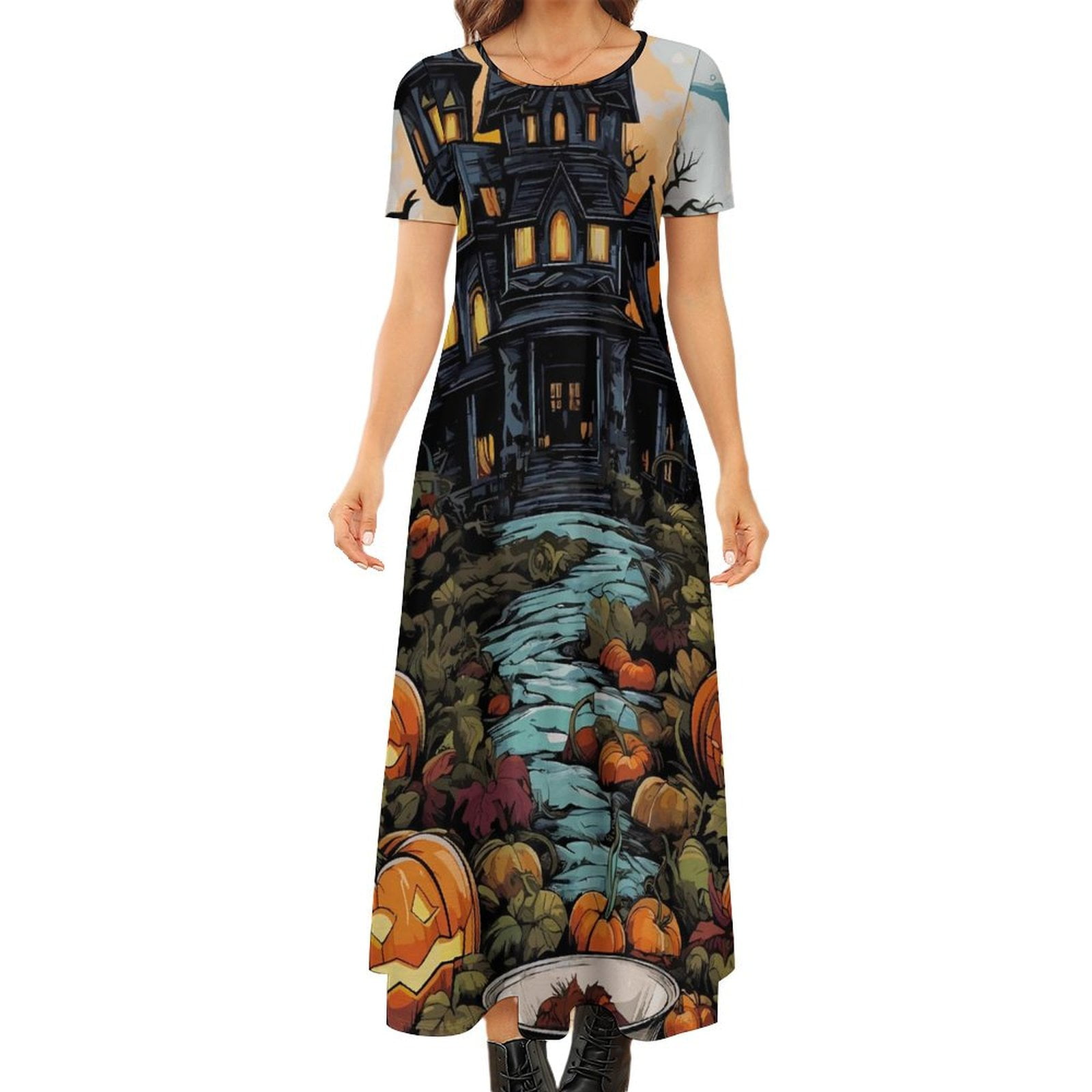 2024 Haunted Mansion Dress Halloween Print Elegant Maxi Dress Short ...