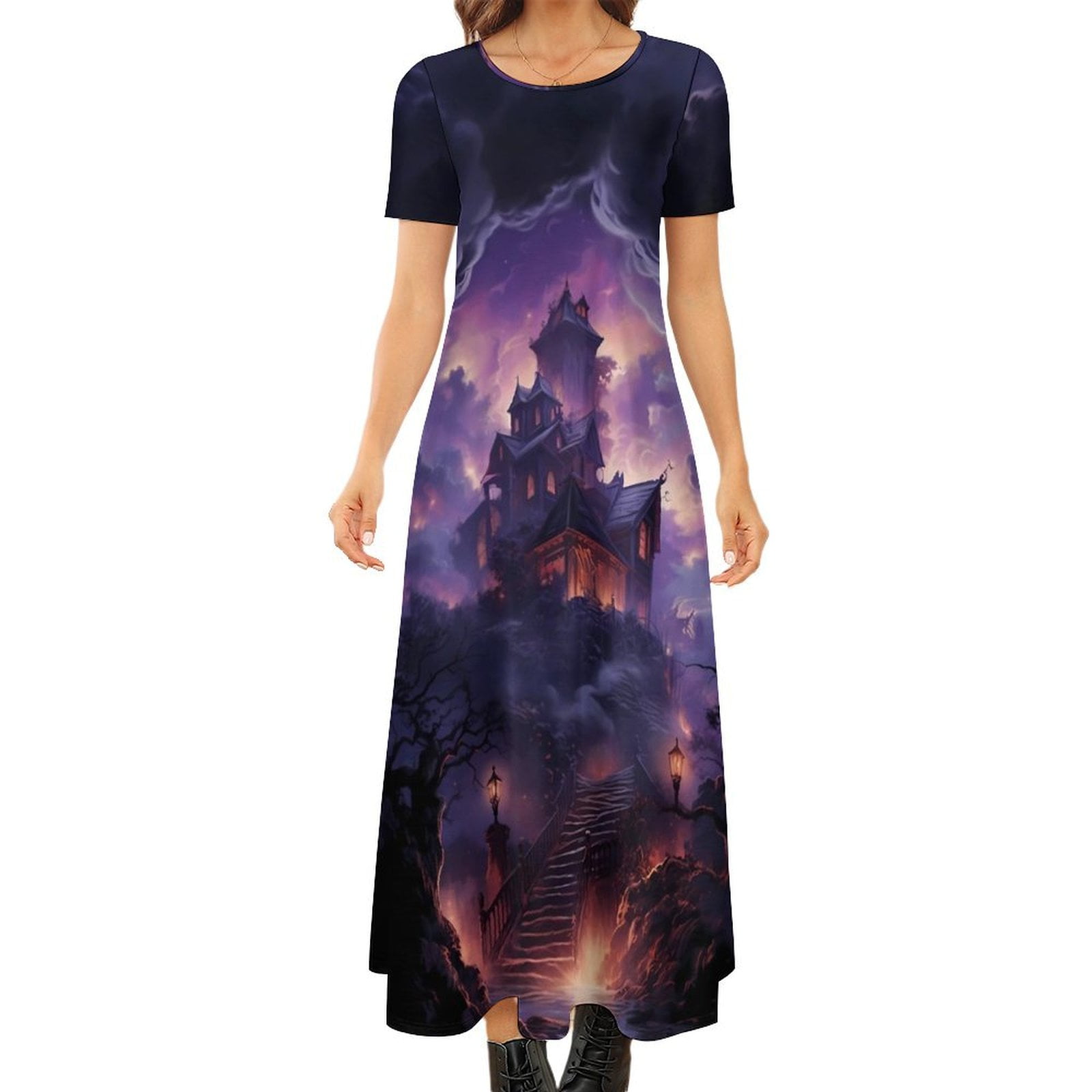 2024 Haunted Mansion Dress Halloween Print Elegant Maxi Dress Short ...
