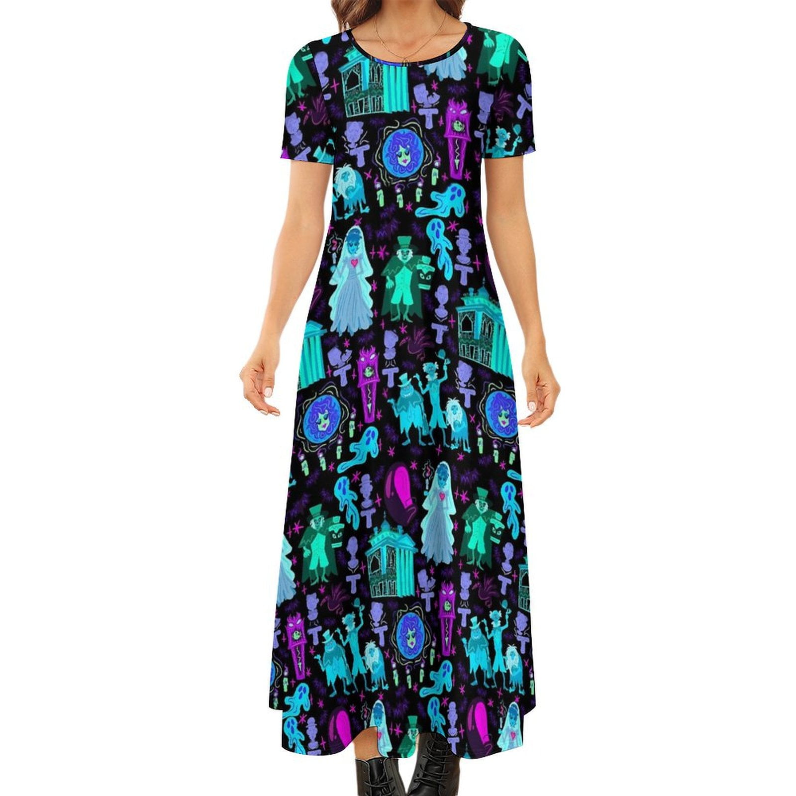 2024 Haunted Mansion Dress Halloween Print Elegant Maxi Dress Short ...