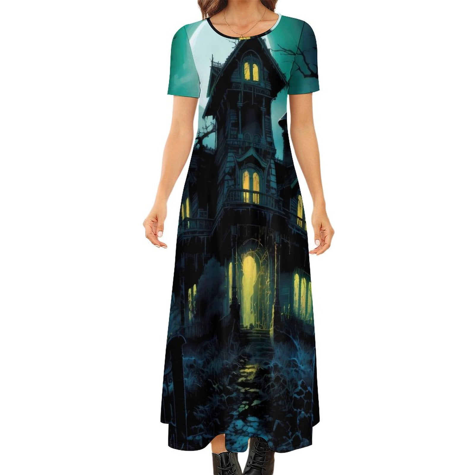 2024 Haunted Mansion Dress Halloween Print Elegant Maxi Dress Short ...