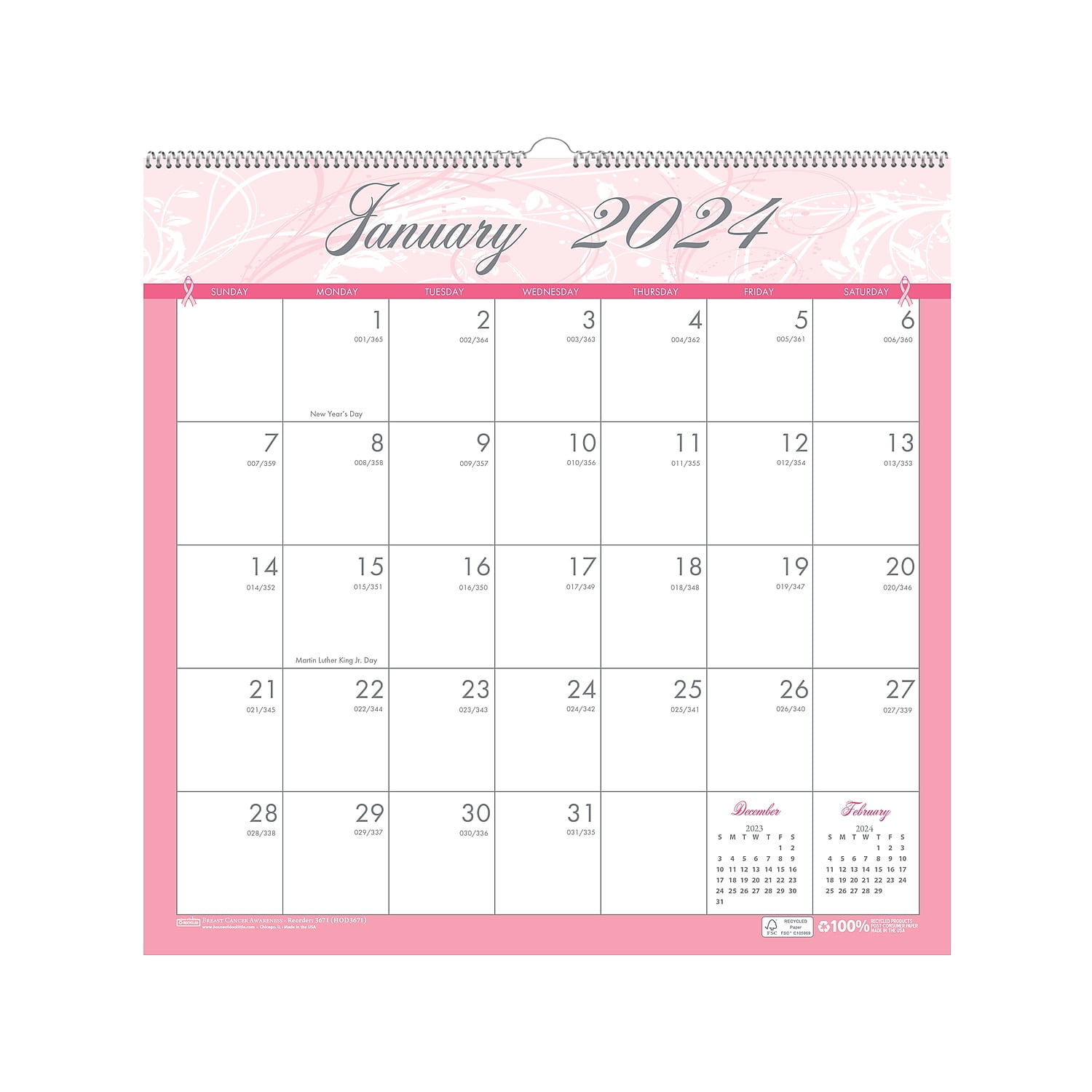 2024 House of Doolittle Breast Cancer Awareness 12" x 12" Monthly Wall Calendar (3671-24 ...