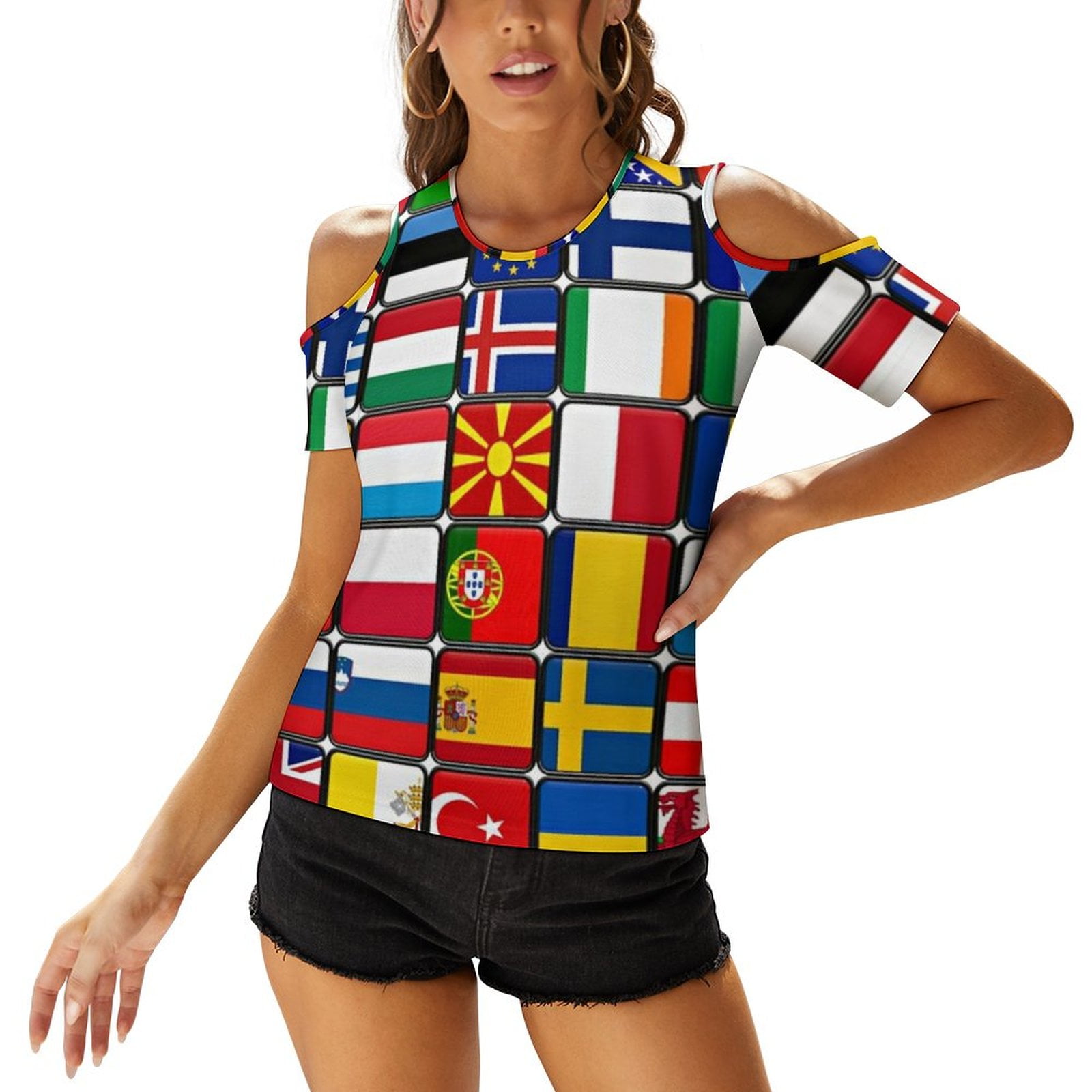 2024 International Flag Collage New Fashion Zip Off Shoulder Top Short ...