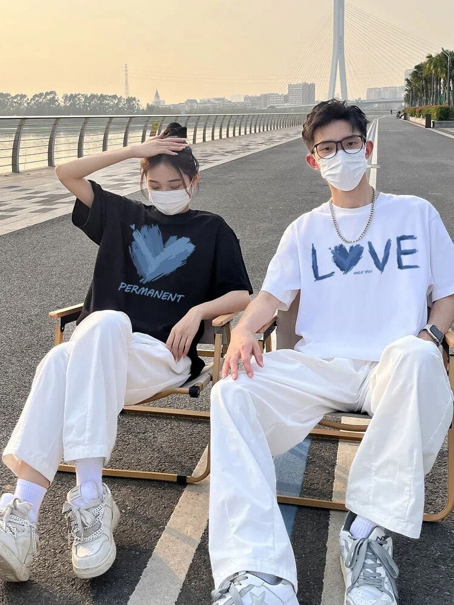 2024 Knitted Cotton Love Heart Letter Casual Short Sleeve Men Women ...
