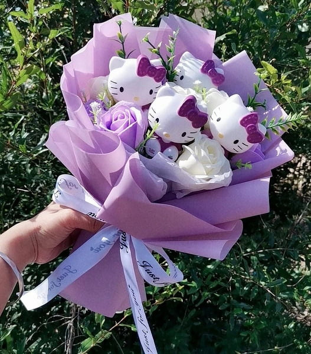 2024 NEW Kawaii Hello Kitty Cat Plush Dolls Rose Soap Flowers Bouquet ...