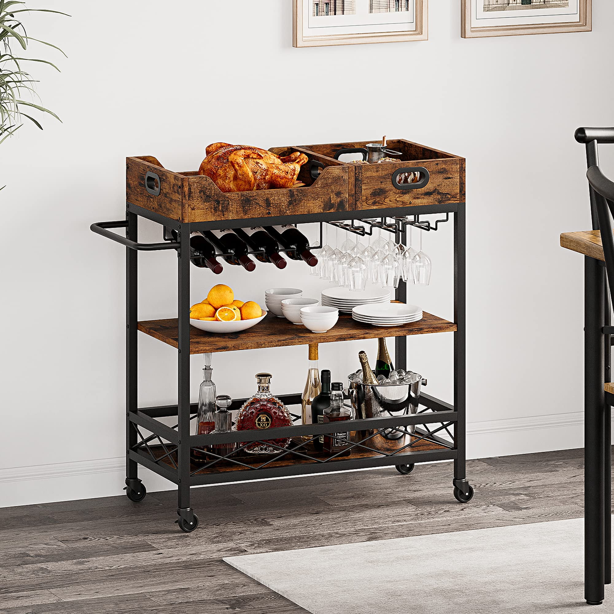 2024 New 3-Tier Home Bar Cart, Rustic Brown Bar Cart with Wheels, Bar ...