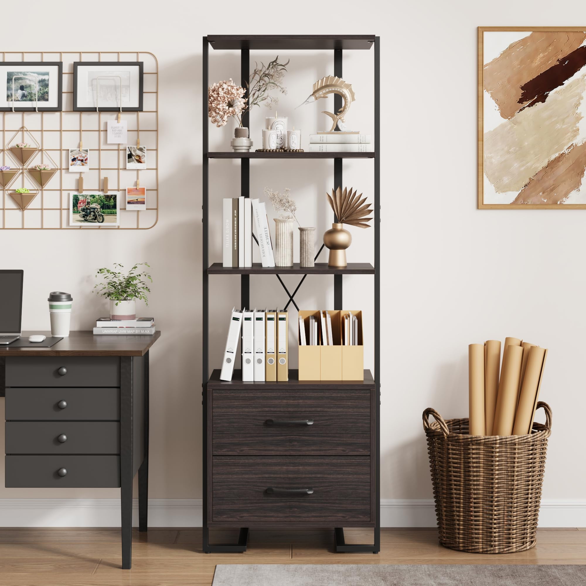 2024 New 4 Tier Book Shelf with Drawers,70.9 Inch Tall Bookshelf with ...