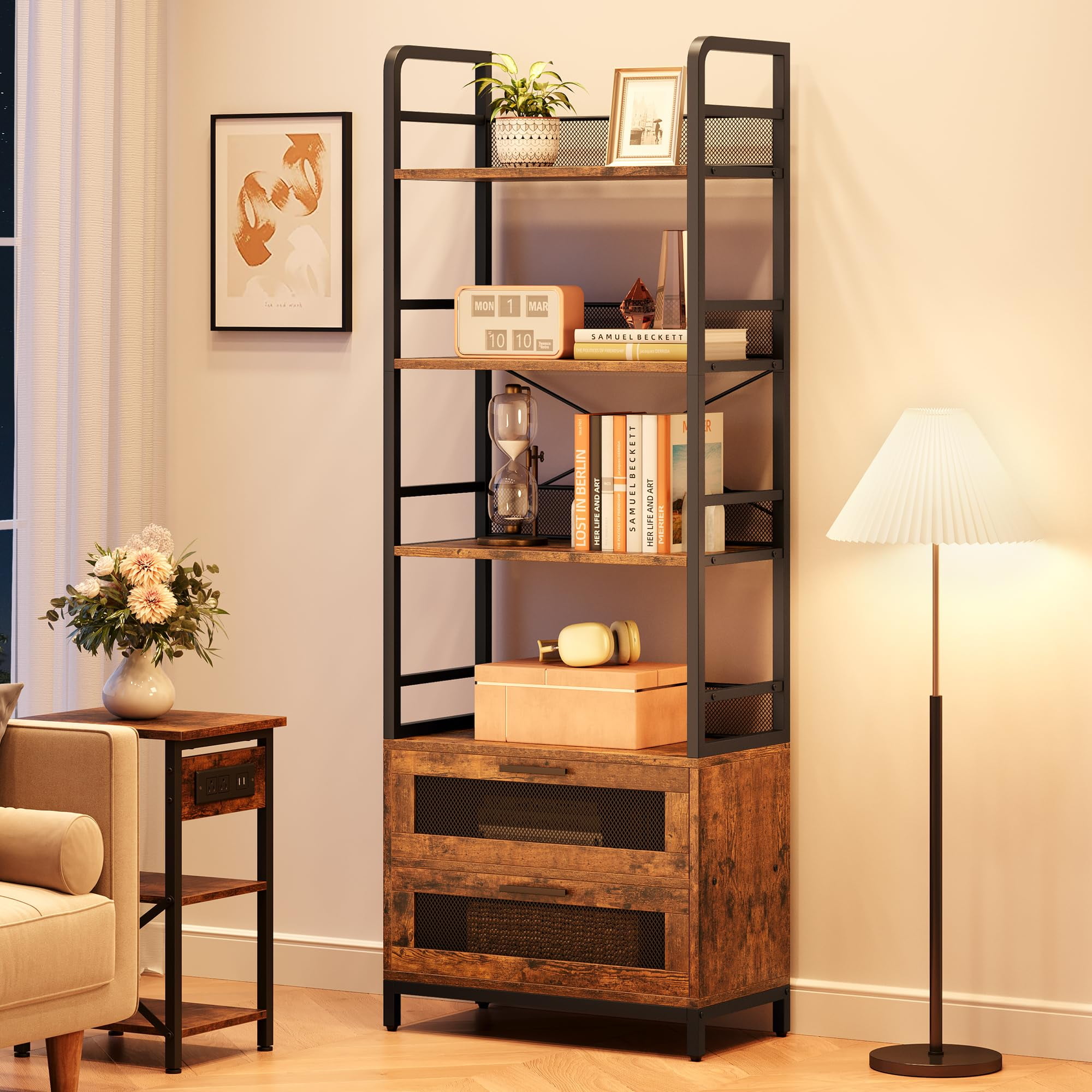 2024 New 4-Tier Bookshelf with Drawers, Industrial Display Standing ...