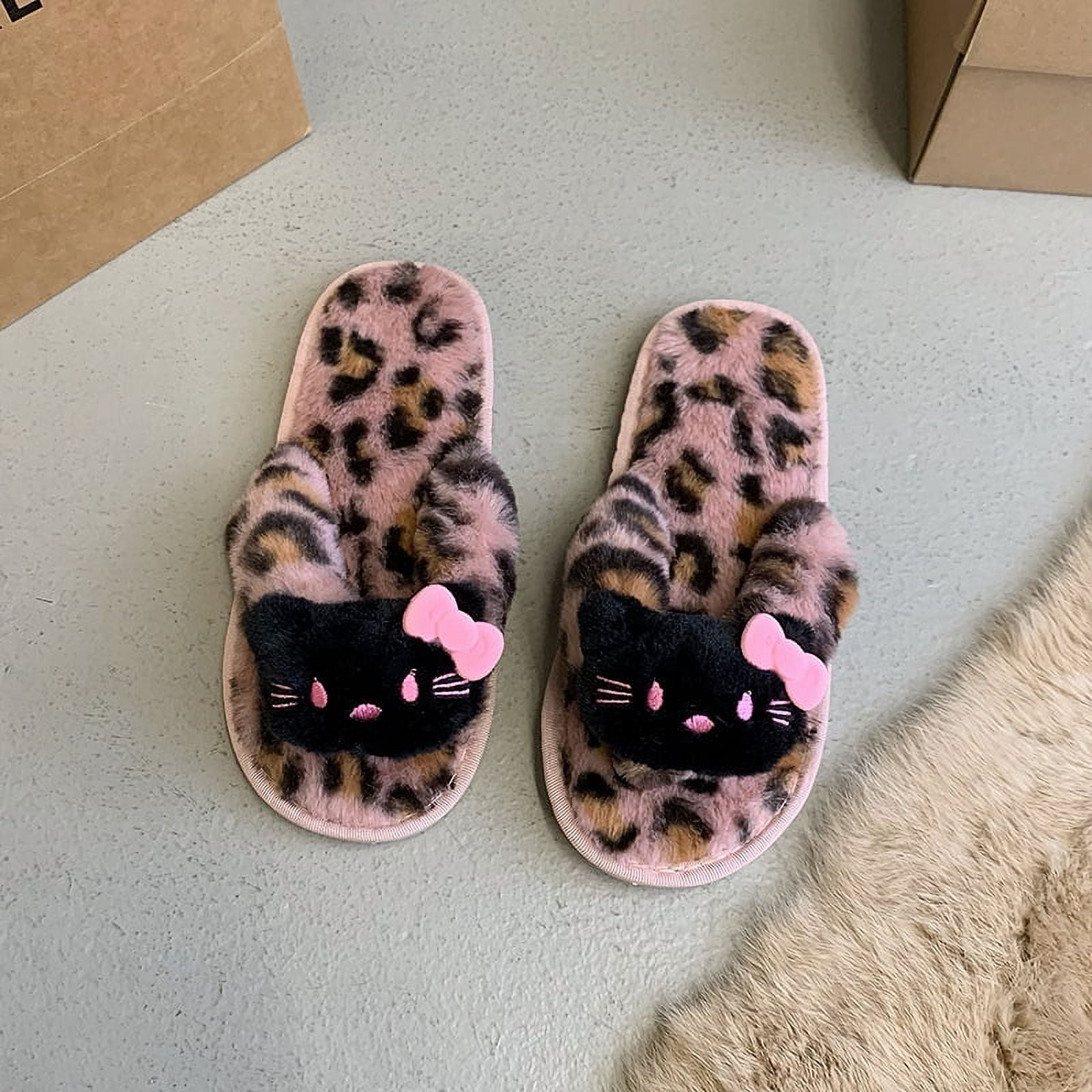 2024 New Autumn And Winter Flip Flops Home Pink Leopard Print Hello ...
