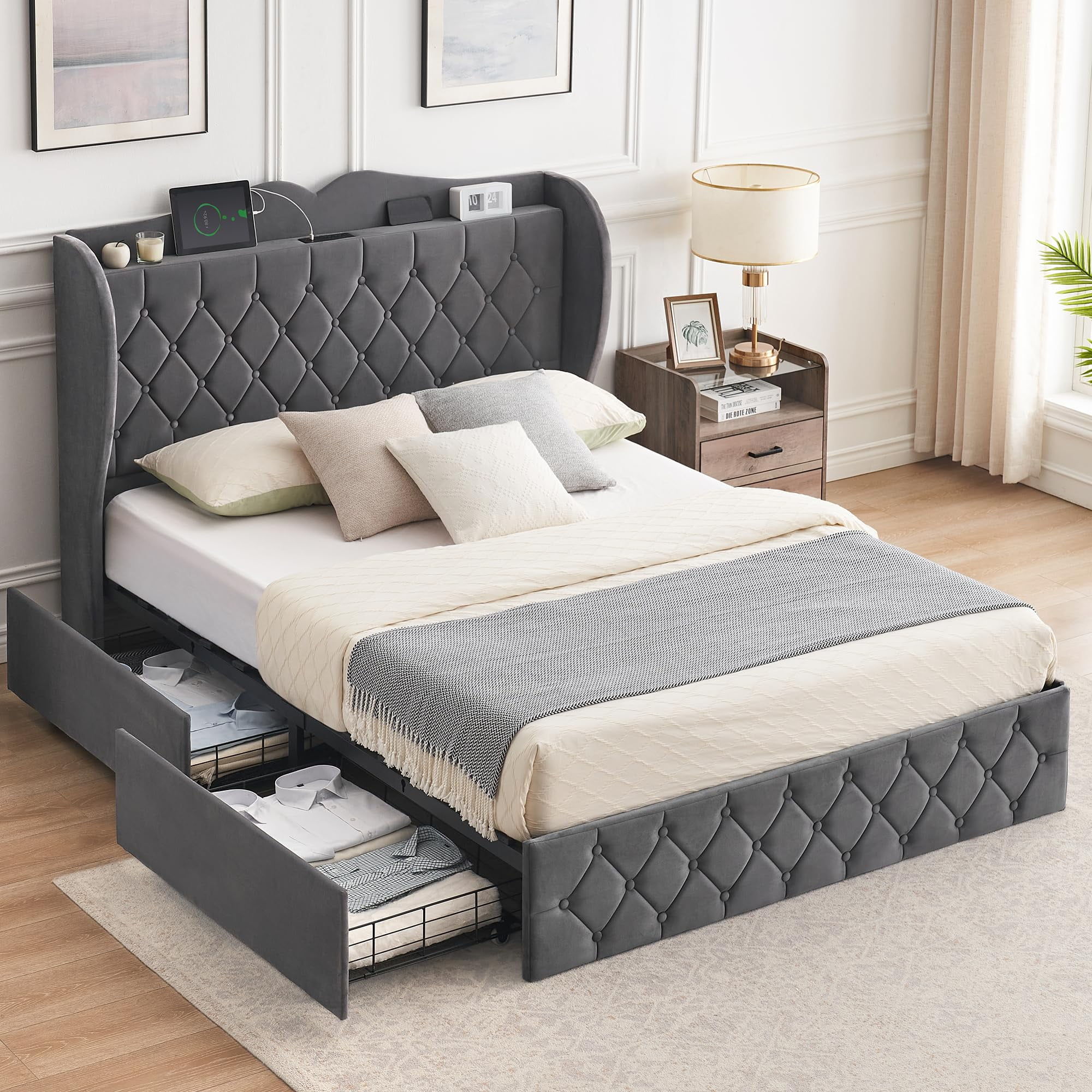 2024 New Bed Frame, Metal Bed Frame with Velvet Upholstered Headboard ...