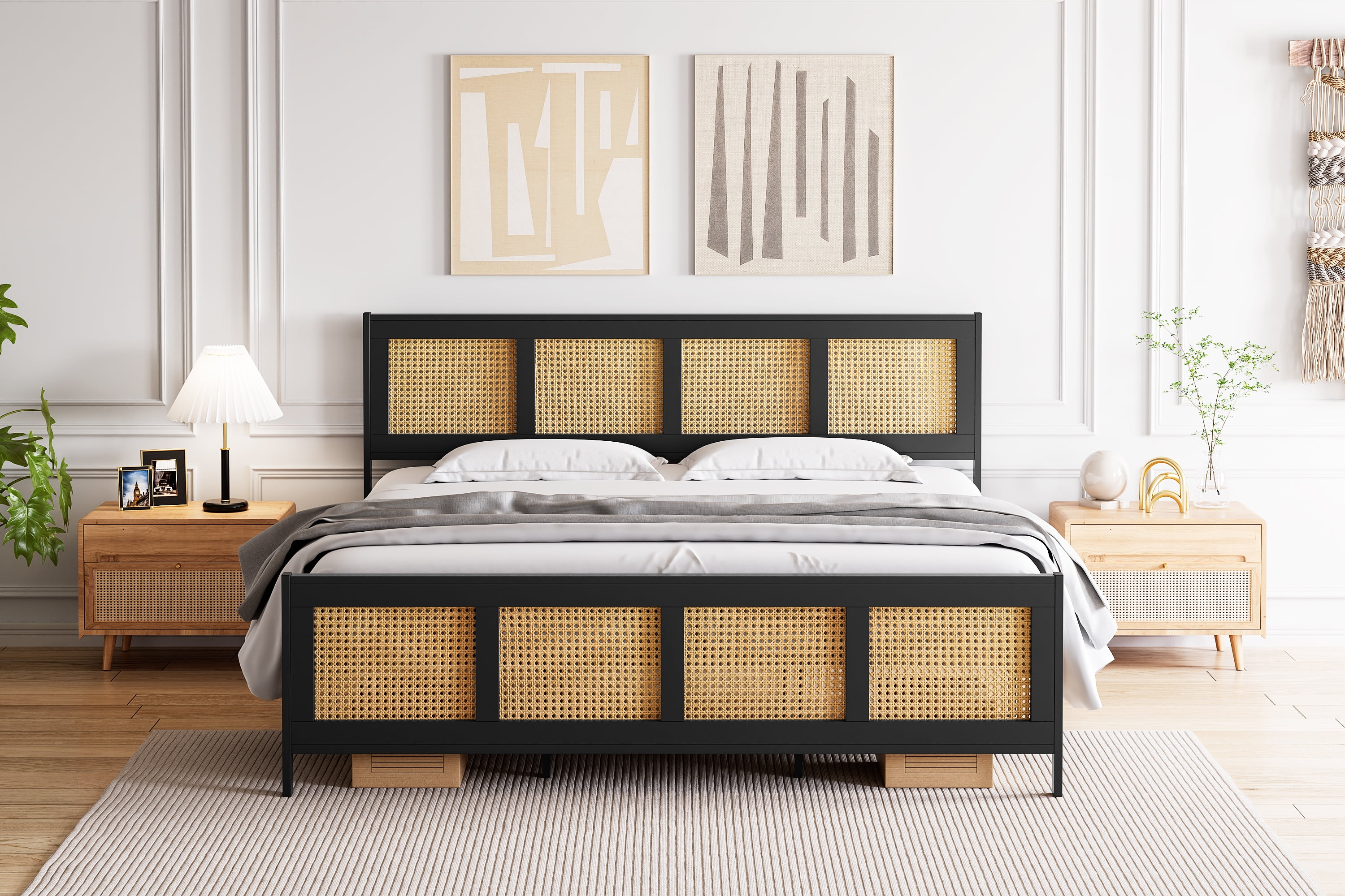 2024 New Bed Frame with Rattan Headboard and Footboard, Black Rattan ...