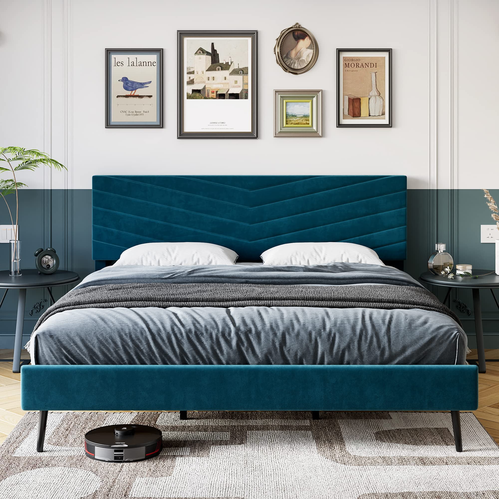 2024 New Bed Frame, Velvet Upholstered Platform Bed Frame, Wood Slat ...