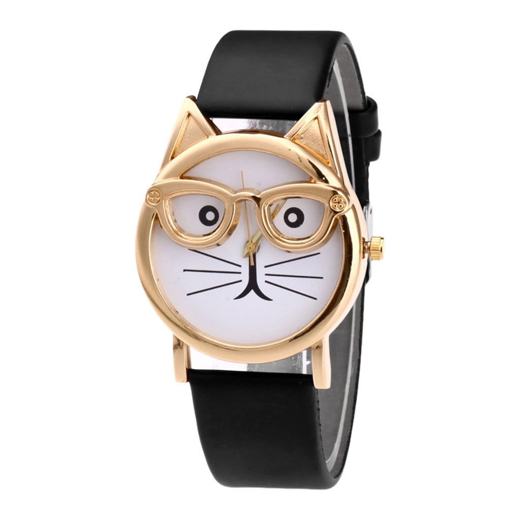 2024 New Cat Dial Gift Fashion Womens Leather Watch With Glasses Watch ...