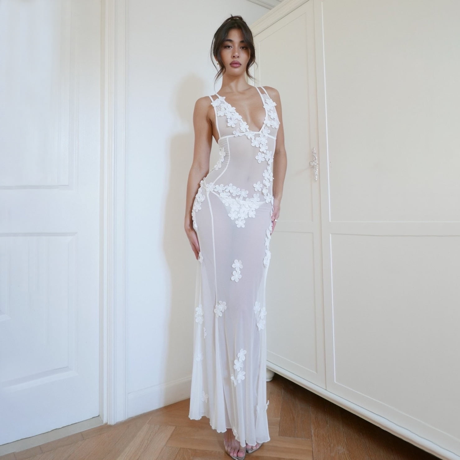 HHH 2024 New Deep V Sexy Backless Slip Dress Mesh See-through Three-Dimensional Flowers Dress ...