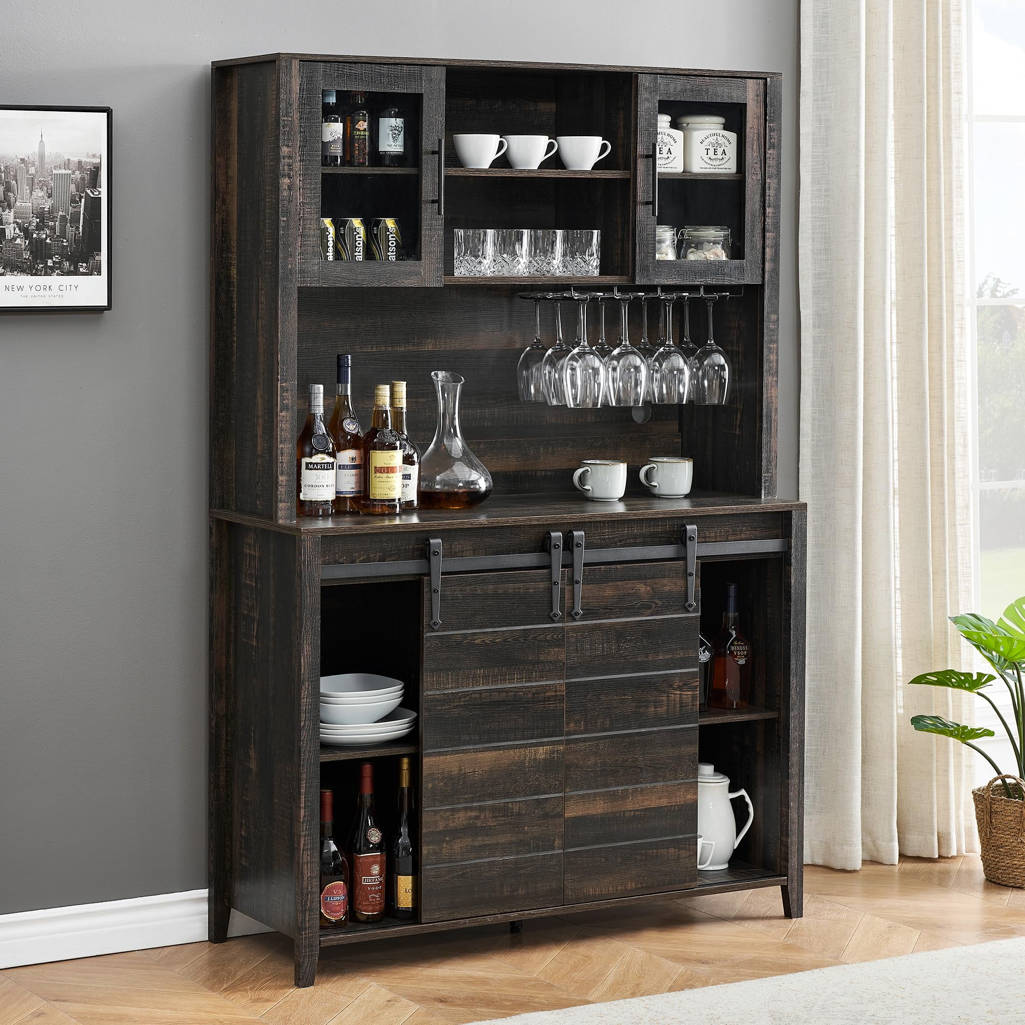 2024 New Farmhouse Bar Cabinet with Sliding Barn Door, 70" Rustic ...