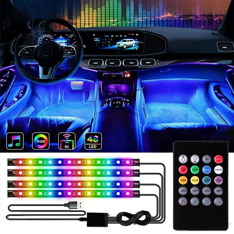 2024 New Interior Car Led Strip Lights 4Pcs Remote Control Car Led Lights Multicolor Music Sync Under Dash Led Lights For Car Interior Usb