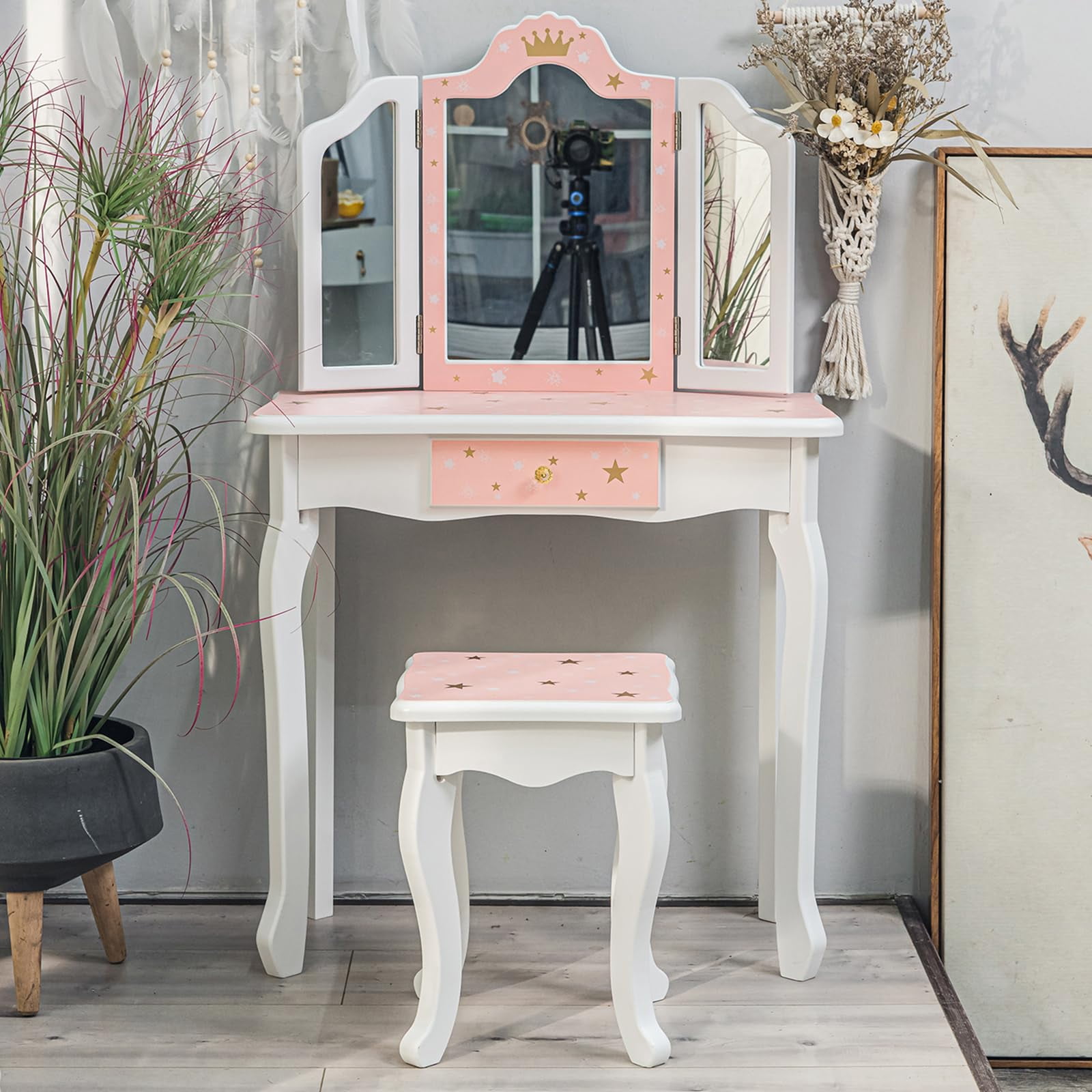 2024 New Kids Vanity, Girls Vanity Table with Mirror,Stool & Drawer, 2 ...