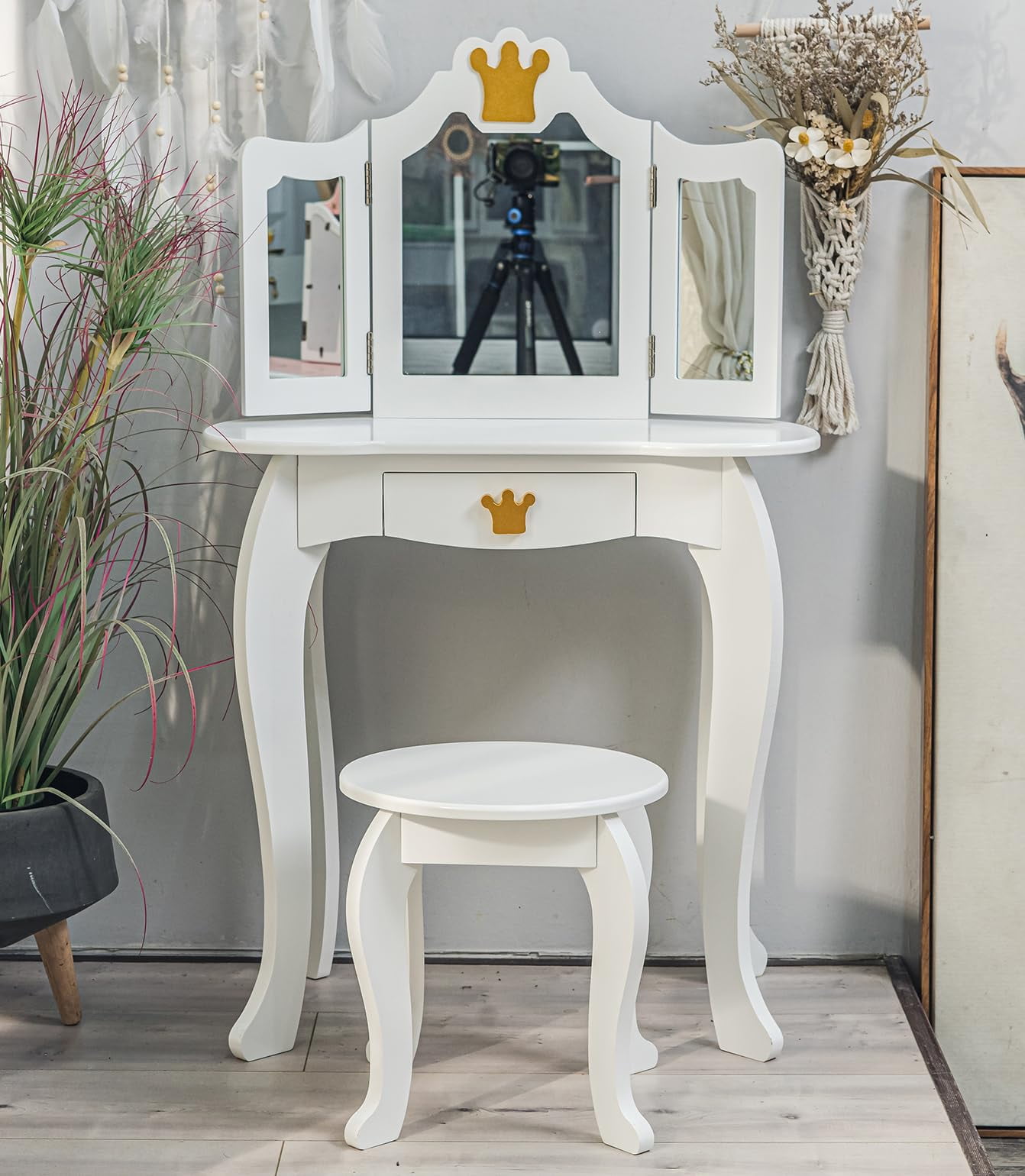 2024 New Kids Vanity, Girls Vanity Table with Tri-Folding Mirror,Stool ...