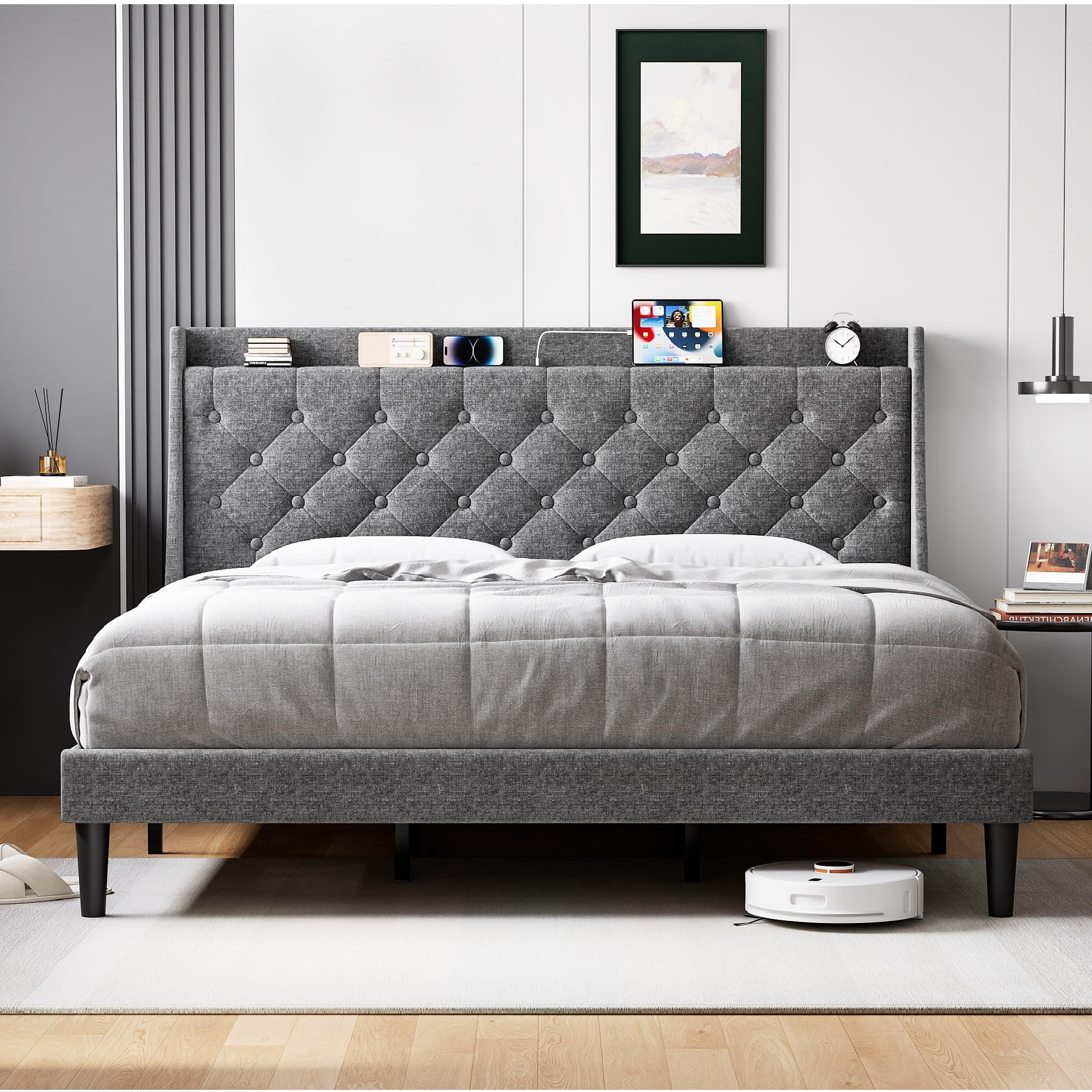 2024 New King Upholstered Bed Frame with Wingback Headboard, Luxurious ...