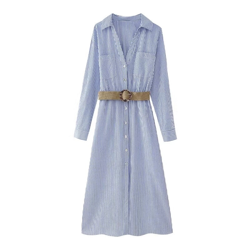 2024 New Launch Women's Blue and White Striped MIDI Dress With Belt ...