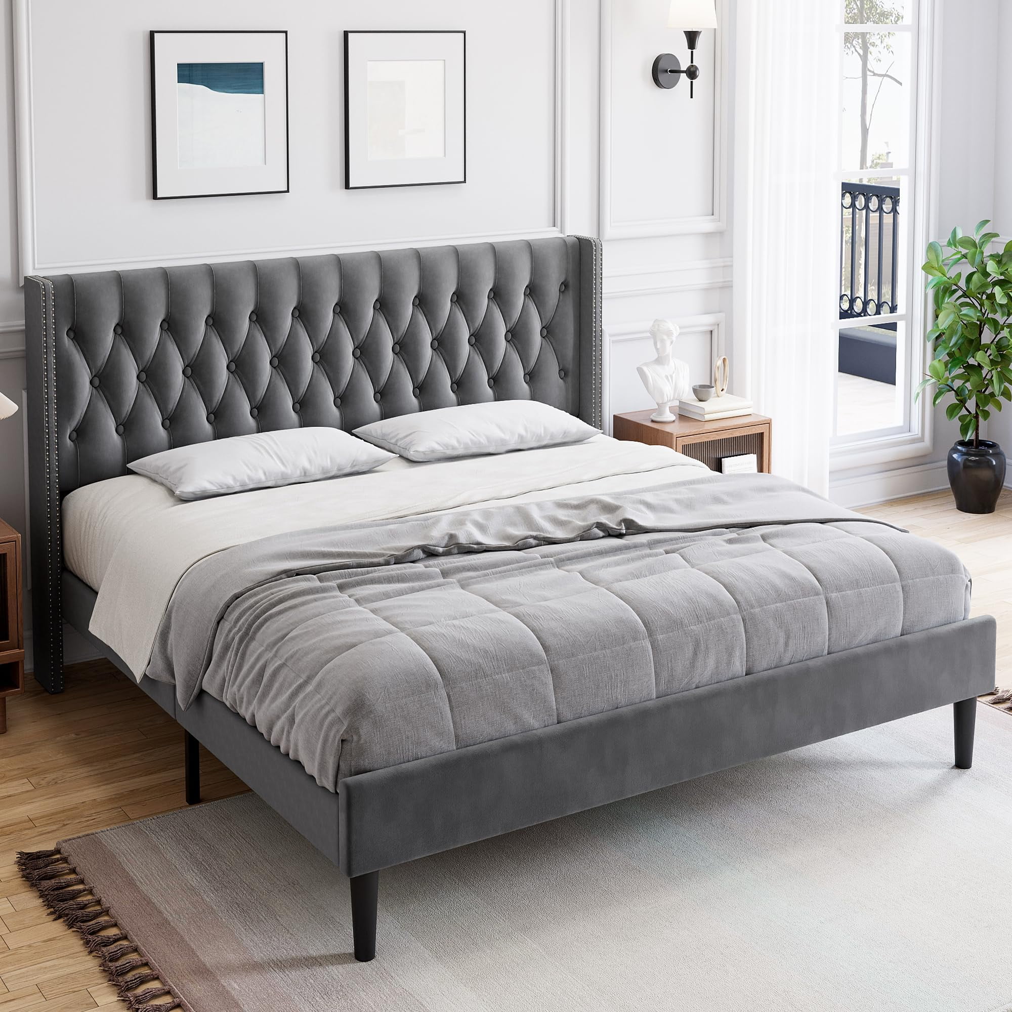2024 New Modern Full Size Bed Frame, with Deep Button Tufted Wingback ...