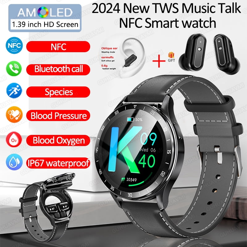 2024 New NFC TWS Music Talk Smartwatch Earphone 2 In 1 Men Smart Watch with Earbuds 4 Hours Of ...