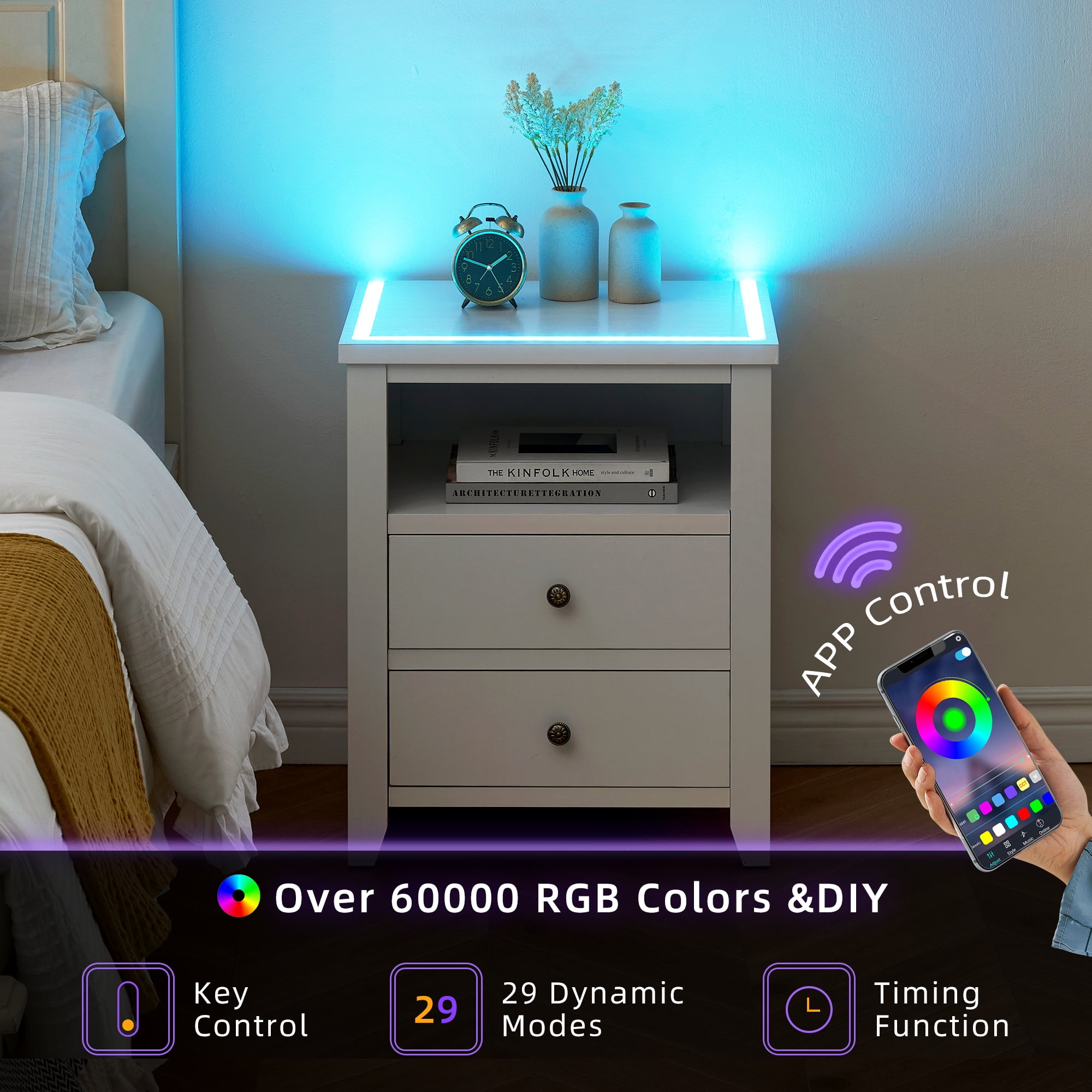 2024 New Nightstand with LED Lights, White Night Stand with 2 Storage Drawers, Living Room End ...