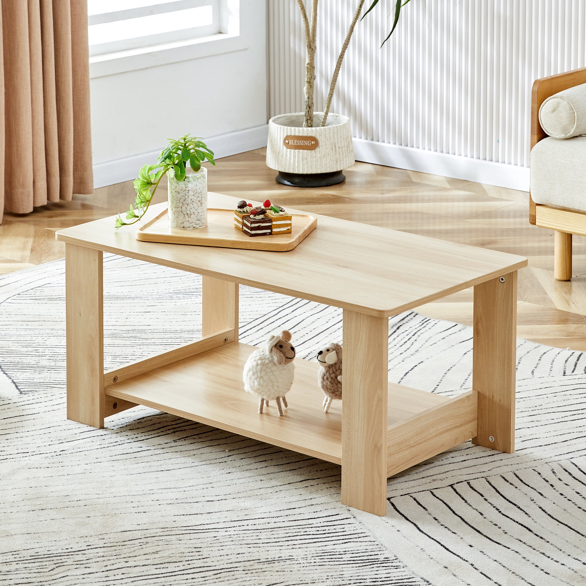 2024 New Rectangular Coffee Table with 2-Tier Storage Shelf Solid Wood ...