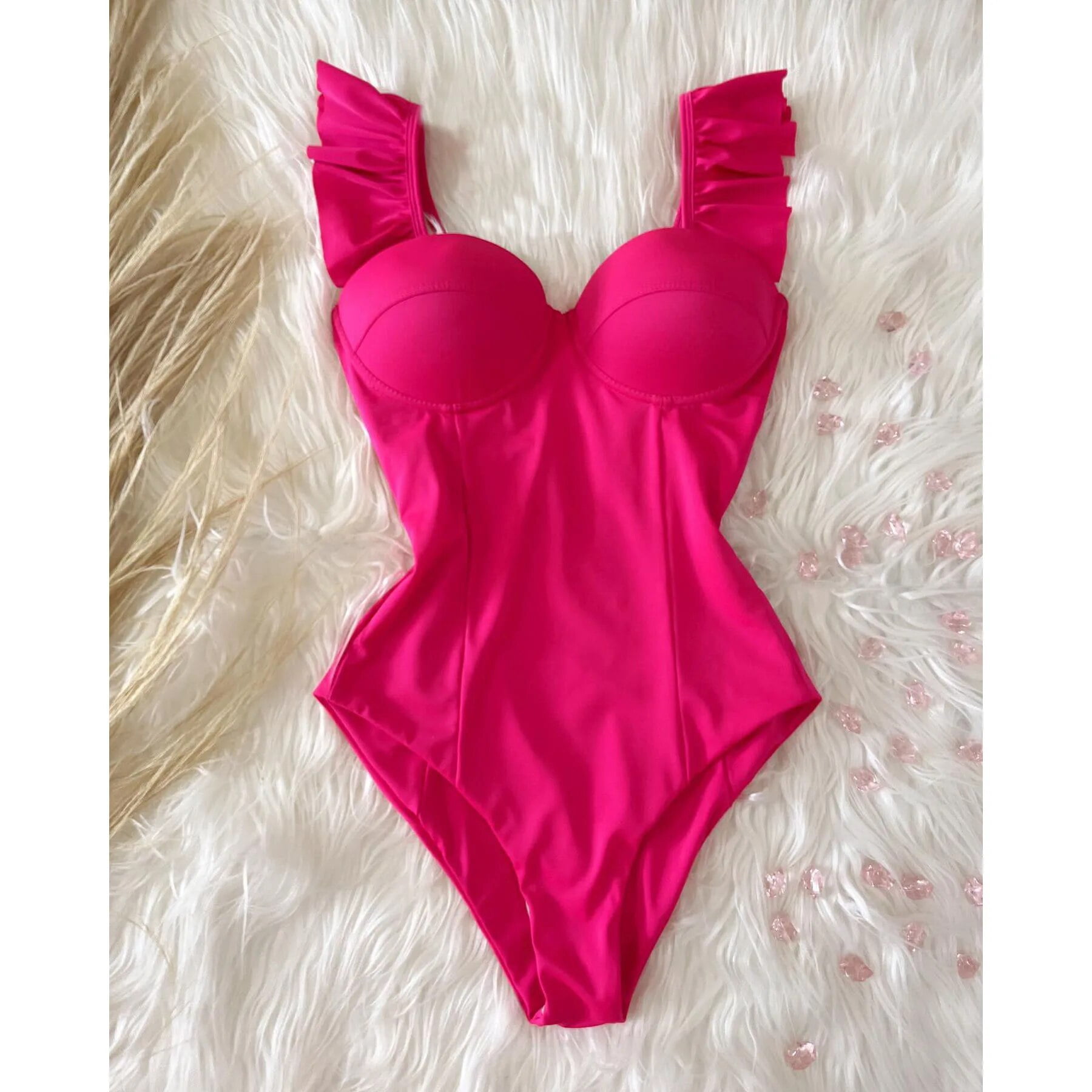 2024 New Ruffle One Piece Swimsuit Solid Red Black Swimwear Women Deep ...