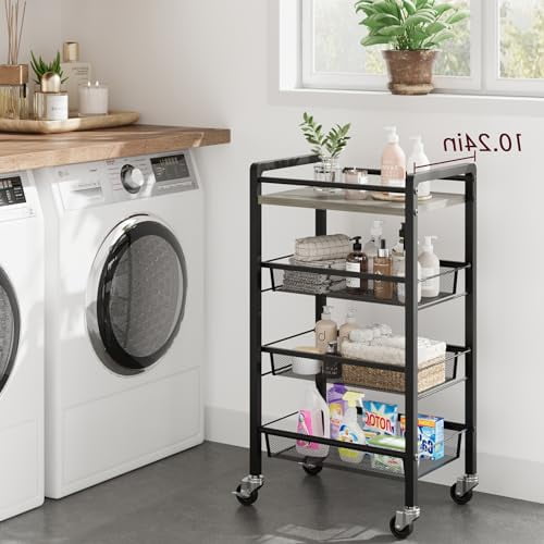 2024 New Slim Rolling Cart, 4-Tier Slide Out Storage Cart with Wooden ...