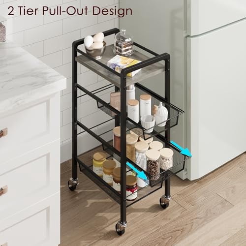 2024 New Slim Rolling Cart, 4-Tier Slide Out Storage Cart with Wooden ...