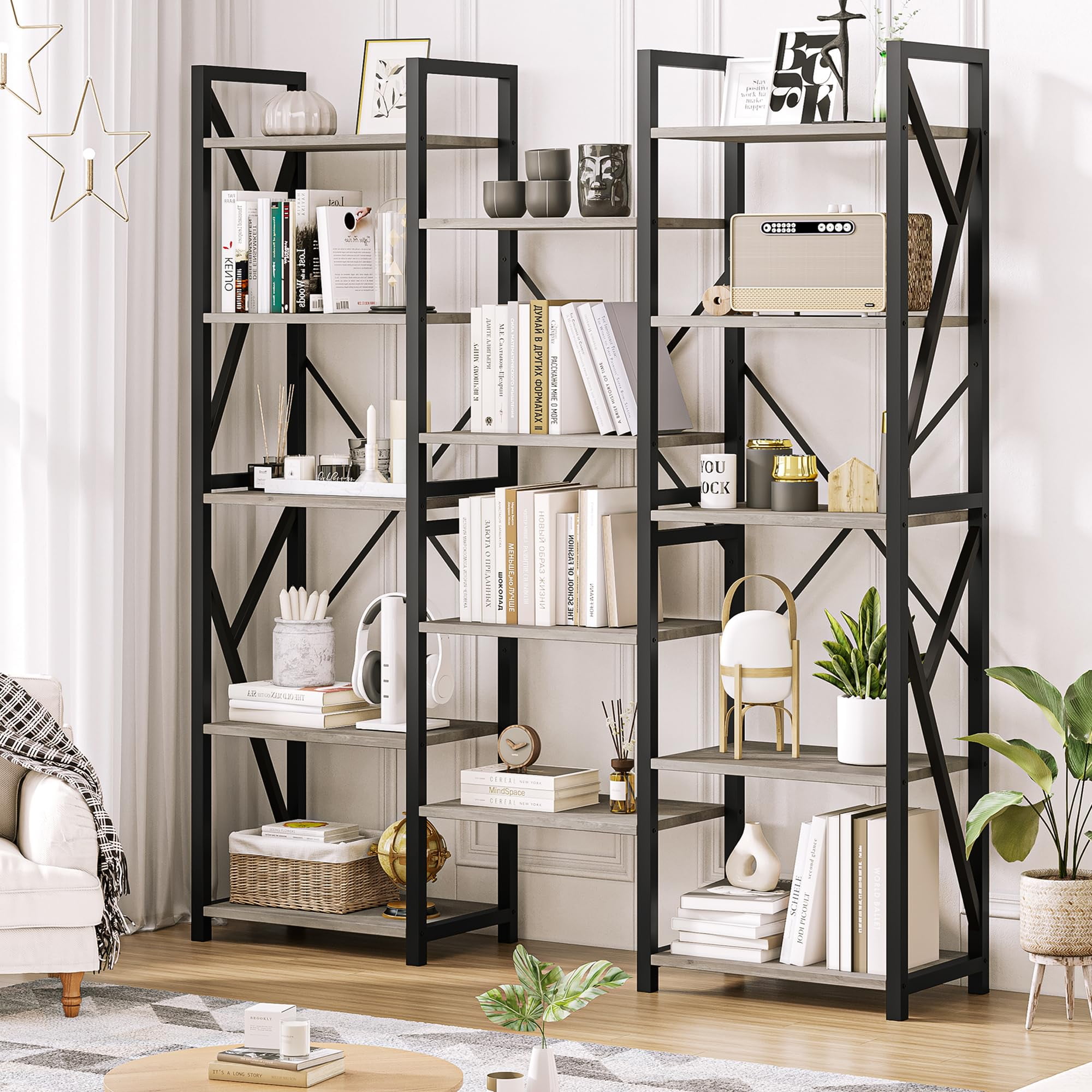 2024 New Triple Wide 5 Tier Book Shelf 70.8 Tall Bookcase with 14 Open Shelves Industrial Large Bookshelves and Bookcases with Metal Frame for Home