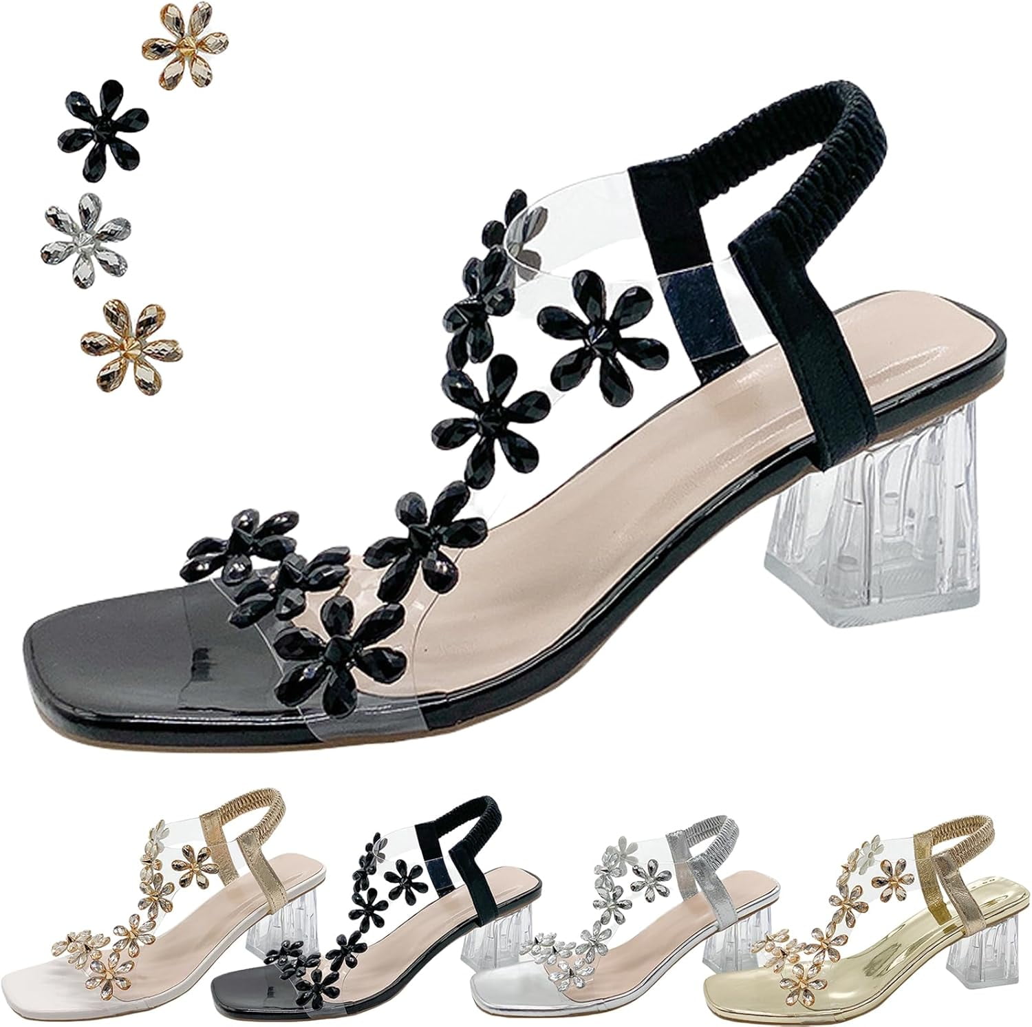 2024 New Women's Flower Rhinestone Block Heel Sandals, Womens Low Heel ...