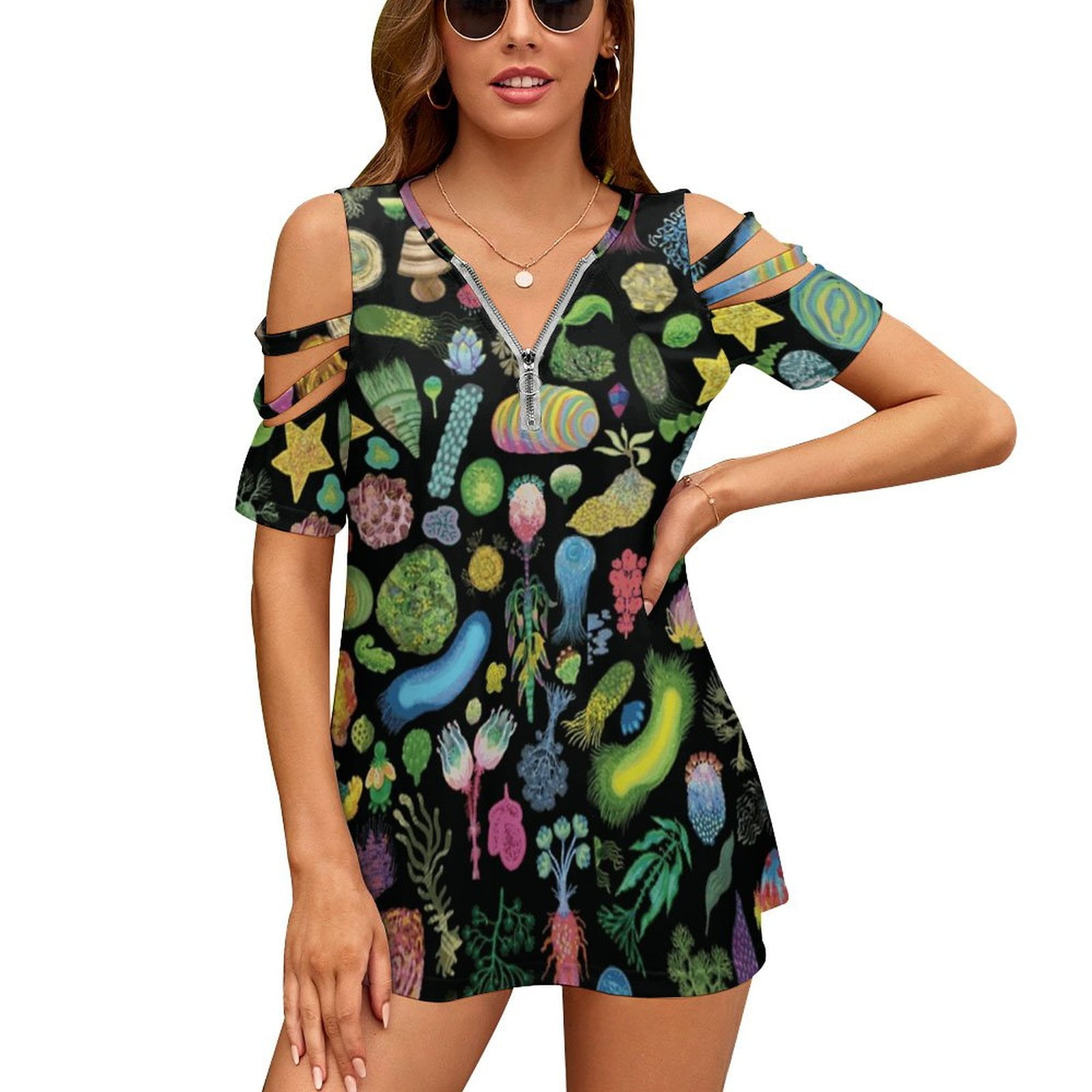 2024 Ocean Slugs And Cacti Womens T Shirt New Fashion Printed Zipper V