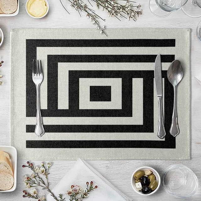 2024 Placemat Black and White Art Geometry Pattern Linen Fabric Table ...