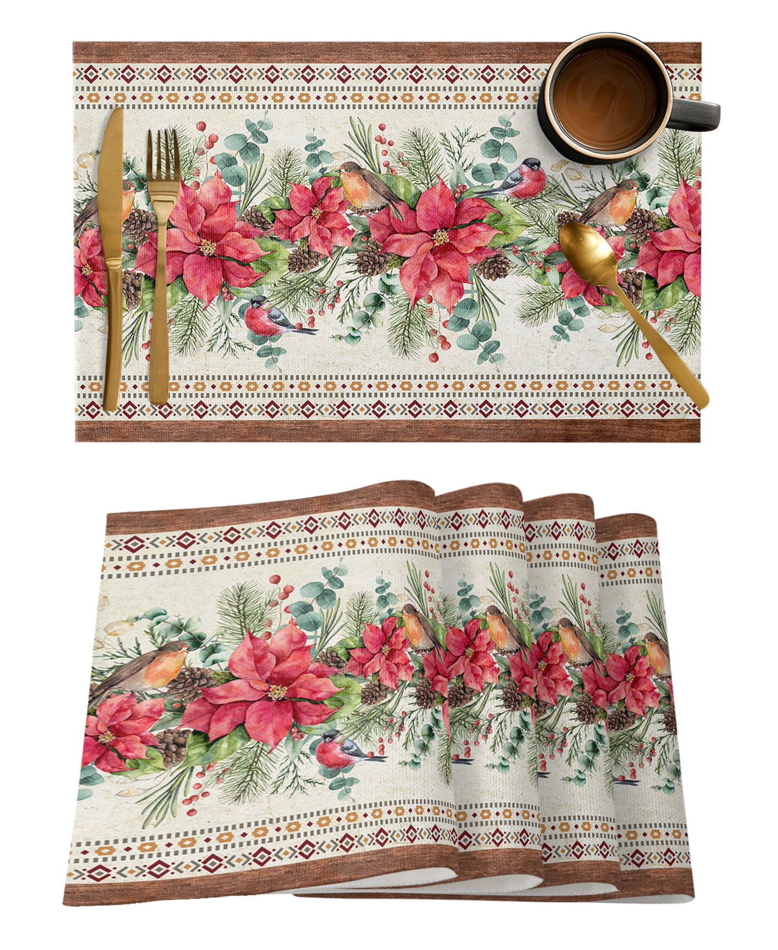 2024 Placemat Christmas Berries Tree Robin Poinsettia 4/6pcs Pads ...