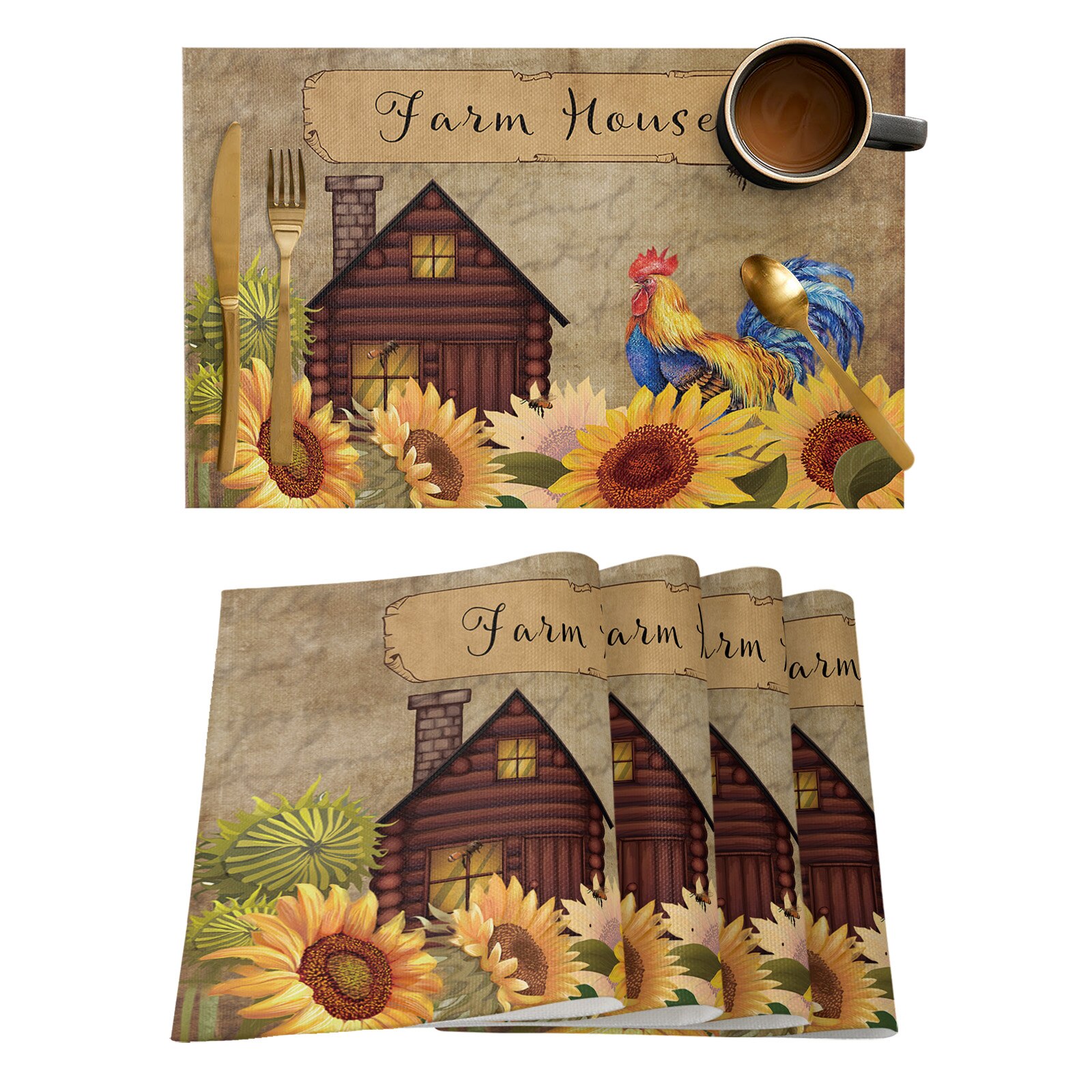 2024 Placemat Farm Sunflower Rooster Barn for Dining Table Tableware ...