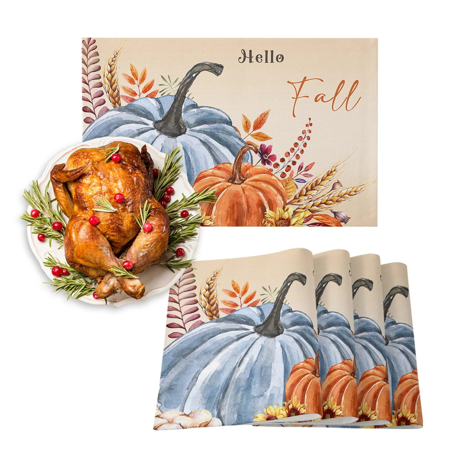 2024 Placemat Thanksgiving Orange Pumpkin Leafy Farm 4/6pcs Pads ...