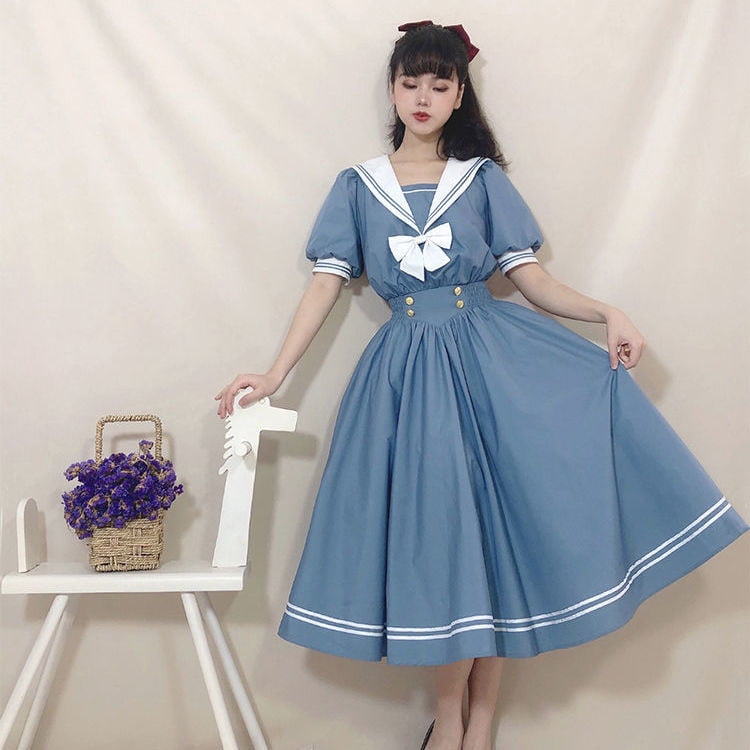2024 Preppy Sweet Woman Dress Chic Sailor Collar Puff Sleeve Vestidos ...