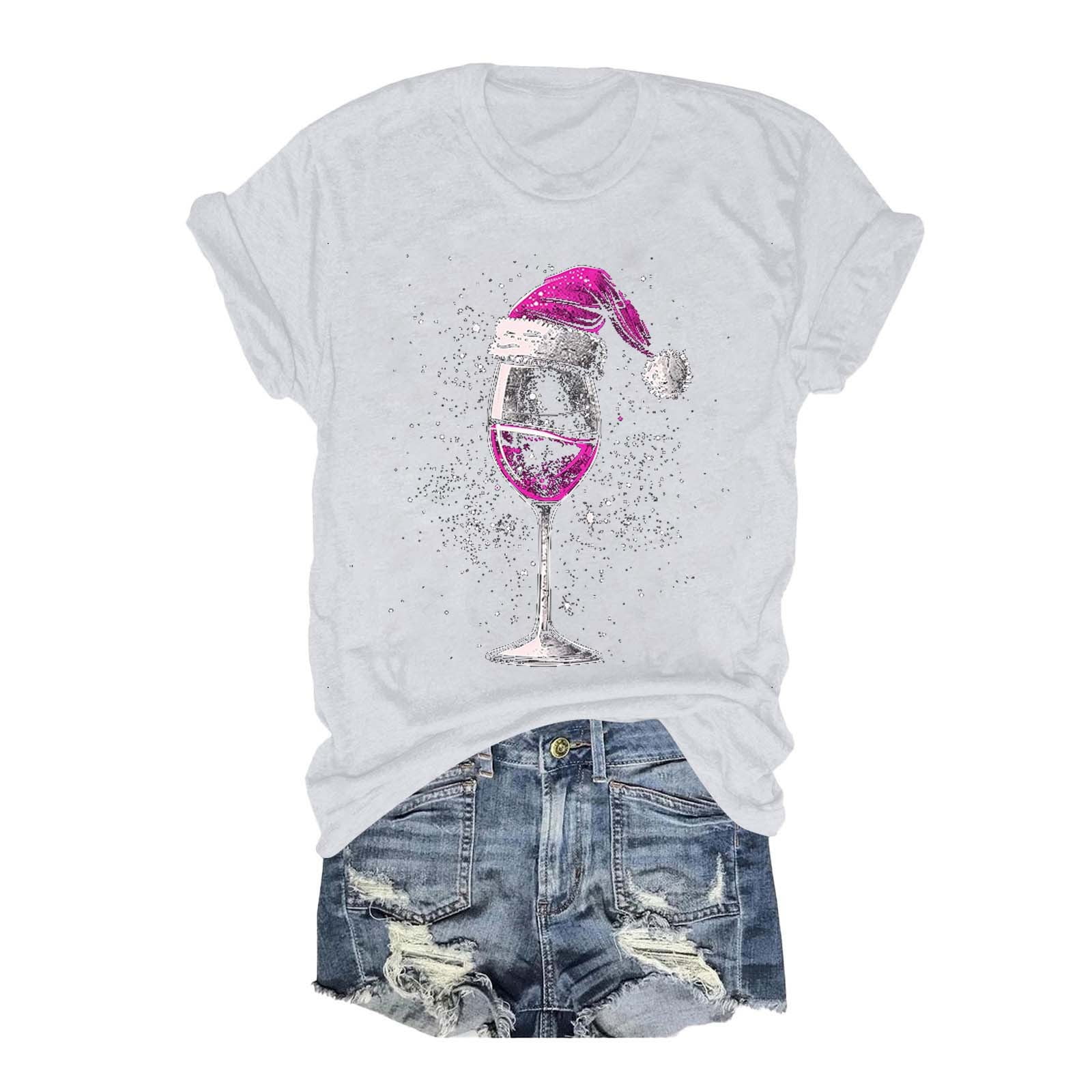 2024 Purple Glass Christmas Hat Print Women’s Round Neck Short Sleeve T ...