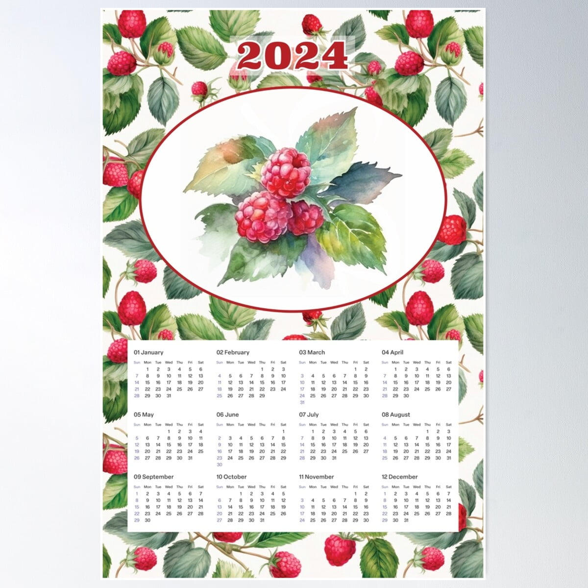 2024 Raspberries Calendar, Vintage Watercolor Botanical Print Poster ...