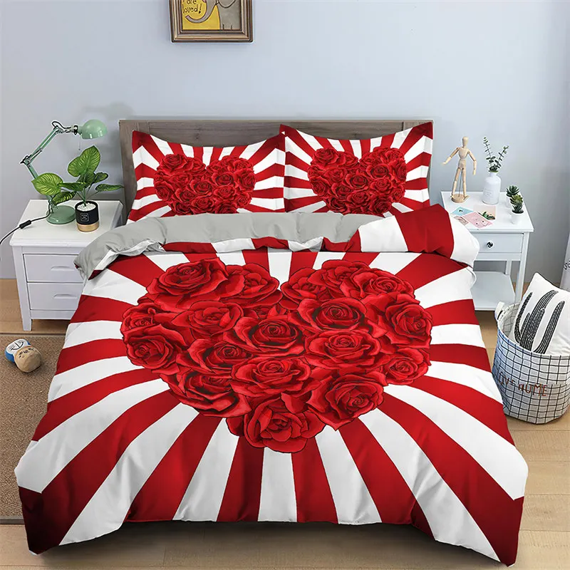 2024 Red Rose Floral Duvet Cover Love Heart Bedding Set Microfiber ...