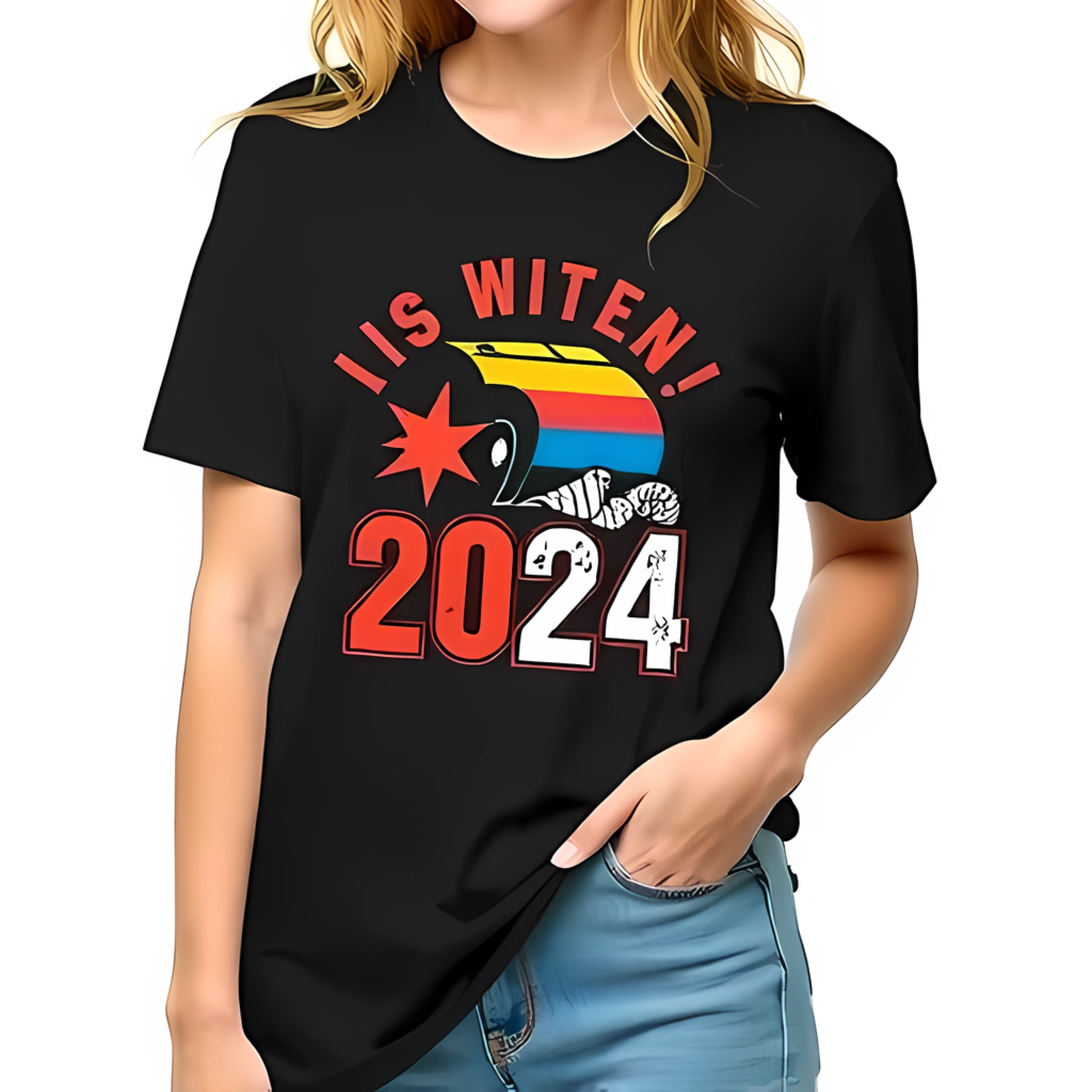 2024 Retro Graphic T-Shirt - Black Cotton Tee with Rainbow Design & 'It ...