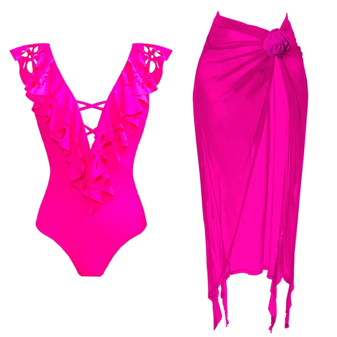 2024 Ruffle V Neck One Piece Swimsuit with Beach Skirt Print Bathing ...