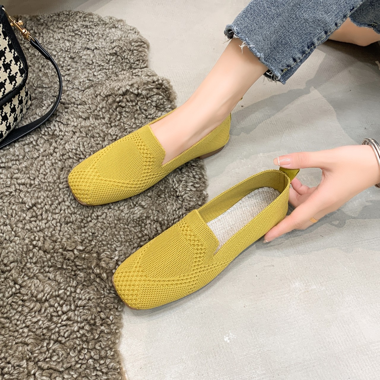 2024 Solid Color Square Toe Mesh Loafers Shallow Women Flats Shoes Soft ...
