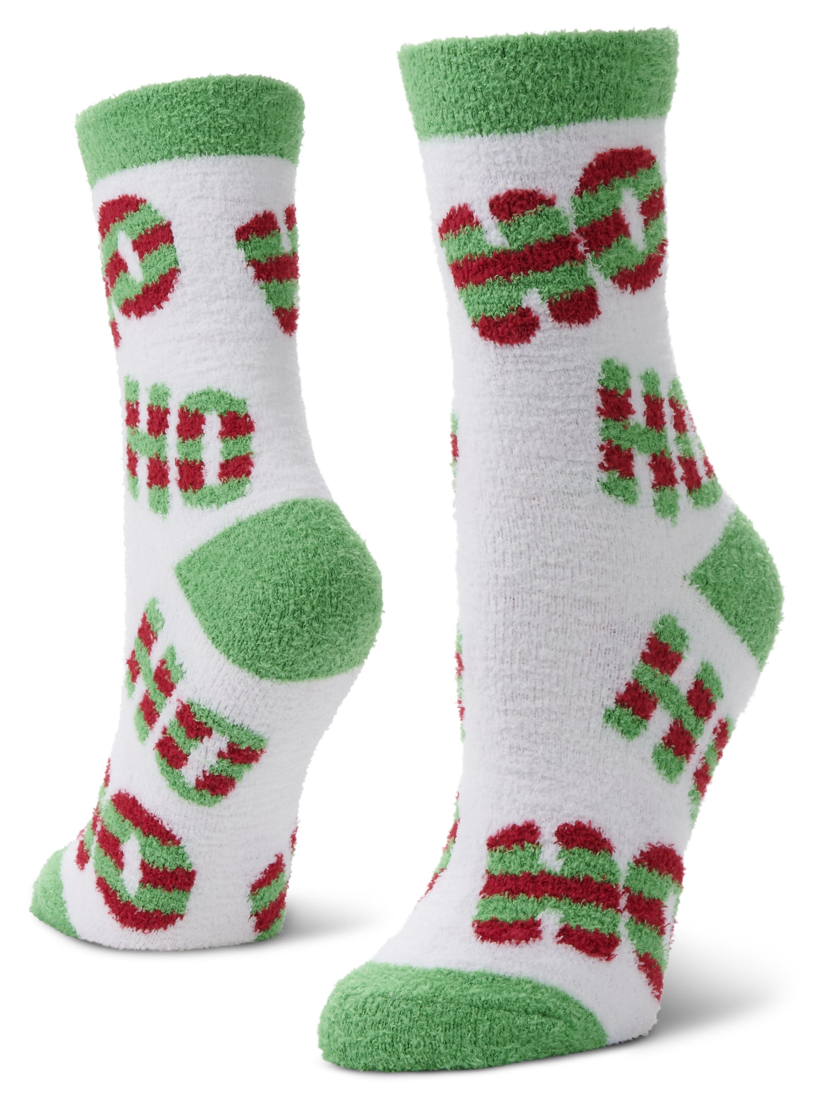 Airplus Aloe Infused Spa Crew Socks, White/Green Ho Ho Ho, Women's Size ...