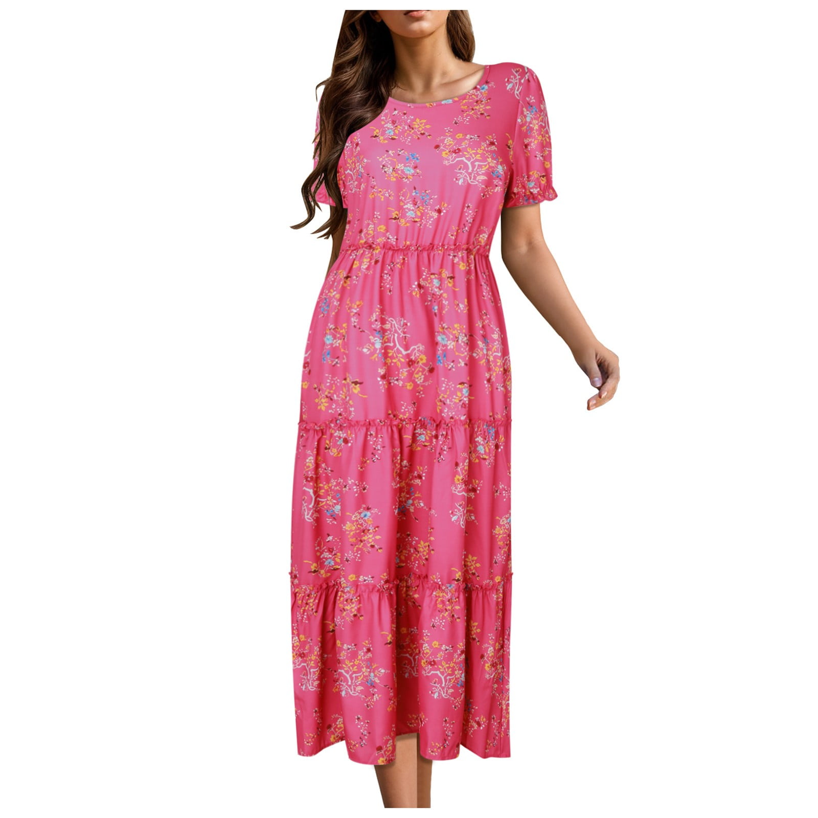2024 Summer Casual Bohemian Floral Dresses For Women Puff Short Sleeve