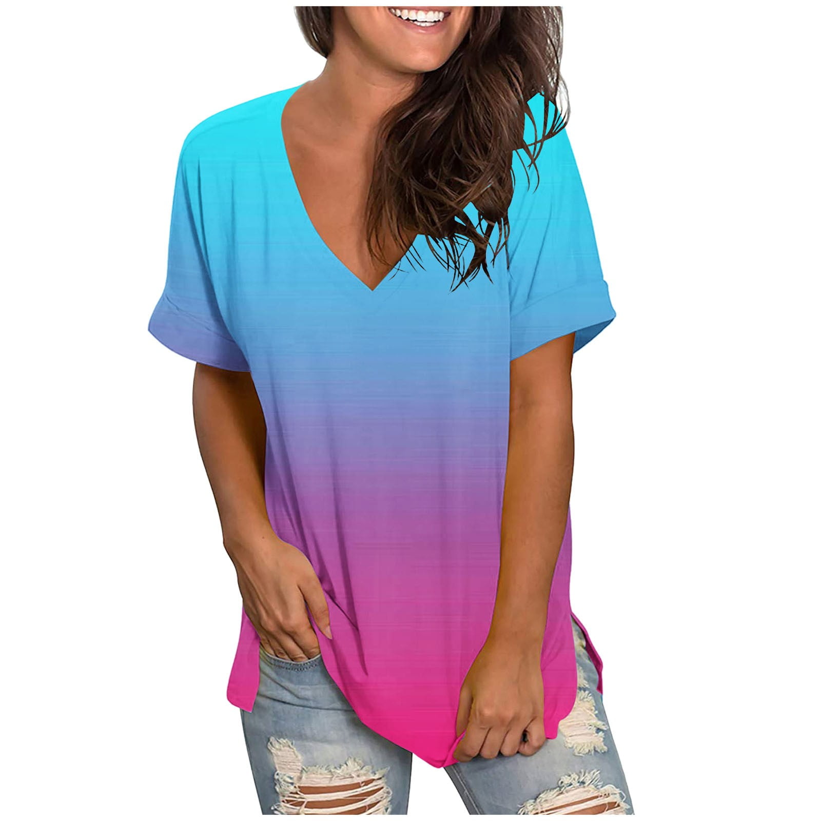 2024 Summer Gradient Print Tops for Women Casual V Neck Short Sleeve ...